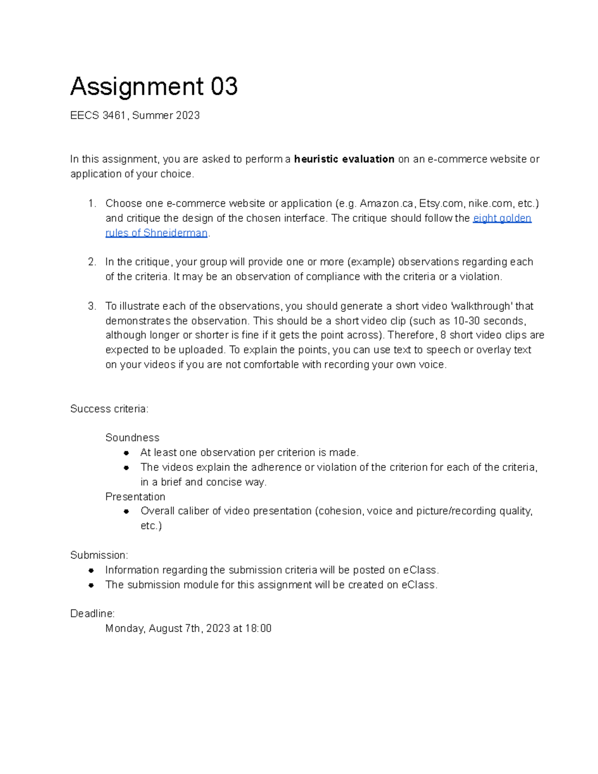 Assignment 3 Eecs 3461 Assignment 03 Eecs 3461 Summer 2023 In This Assignment You Are