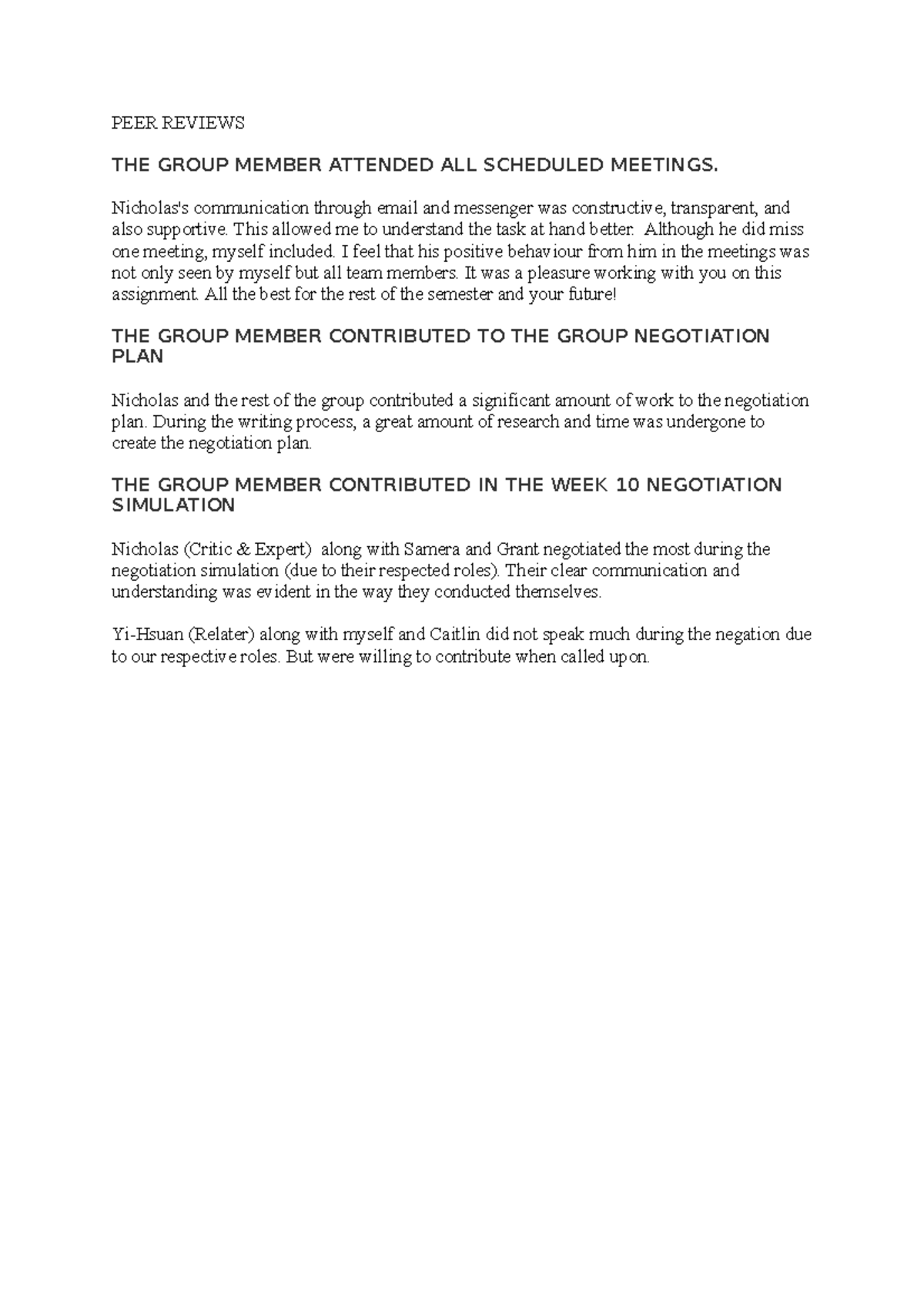 PEER Reviews - PEER REVIEW EXAMPLE - PEER REVIEWS THE GROUP MEMBER ...