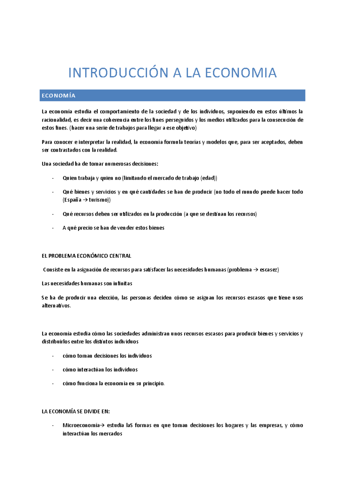 Introducción A LA Economia - INTRODUCCIÓN A LA ECONOMIA ECONOMÍA La ...