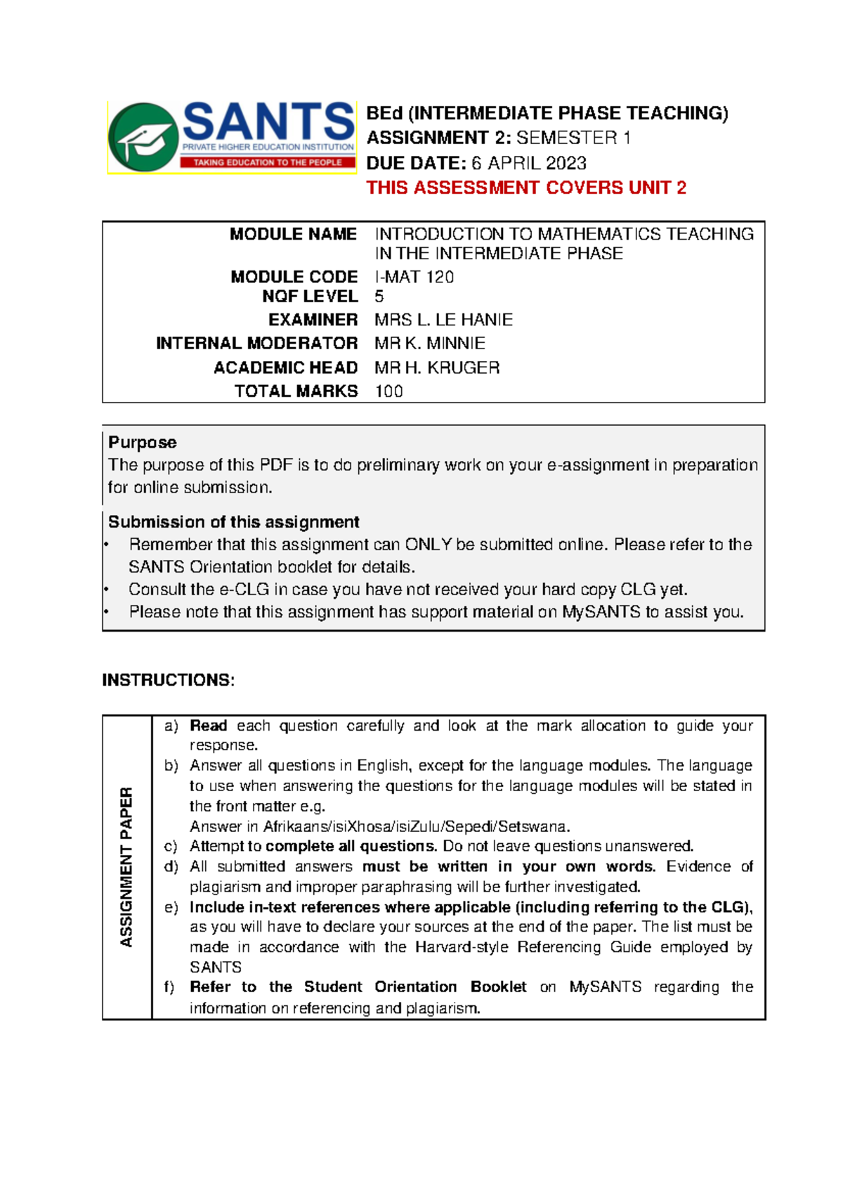 Mathematics Assignment NO 2 - BEd (INTERMEDIATE PHASE TEACHING ...
