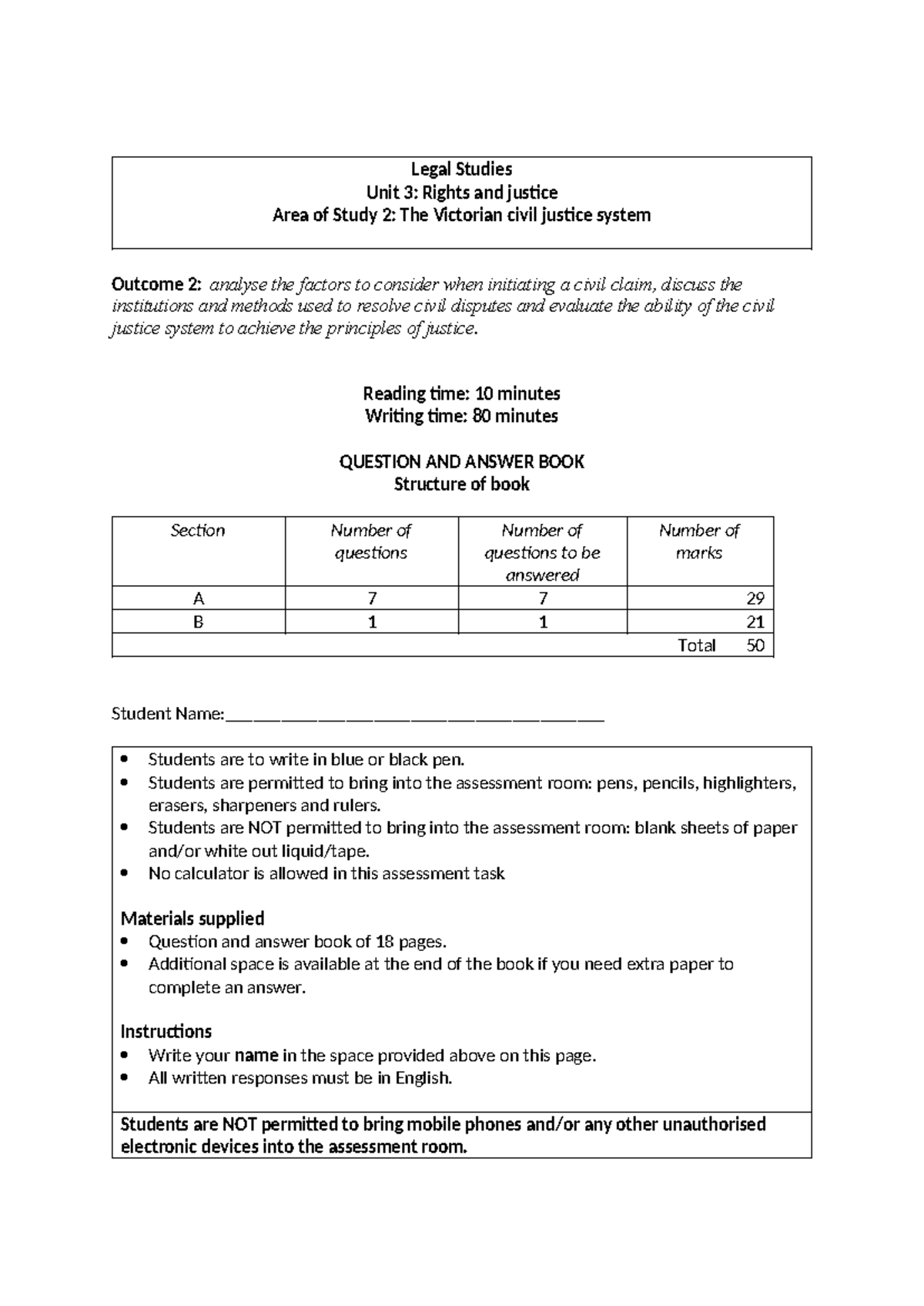 SAC unit 3 aos2 - Legal Studies Unit 3: Rights and justice Area of ...