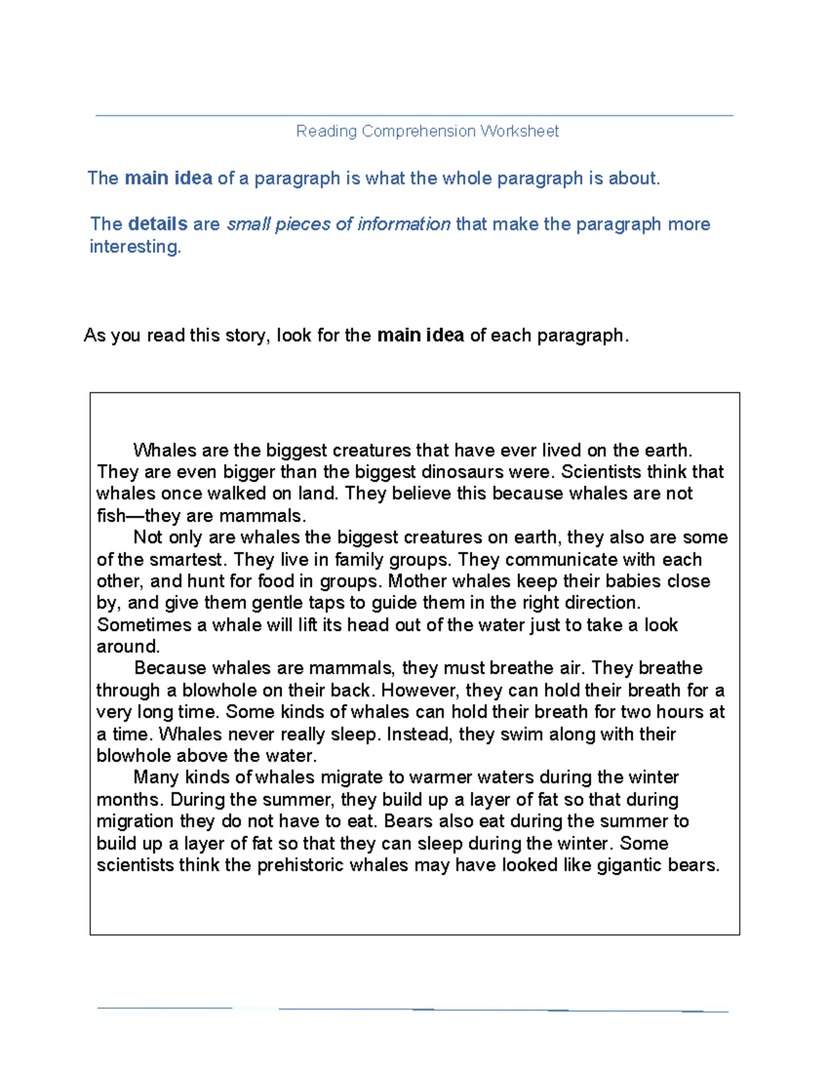 Main idea practice - Reading Comprehension Worksheet The main idea of a ...