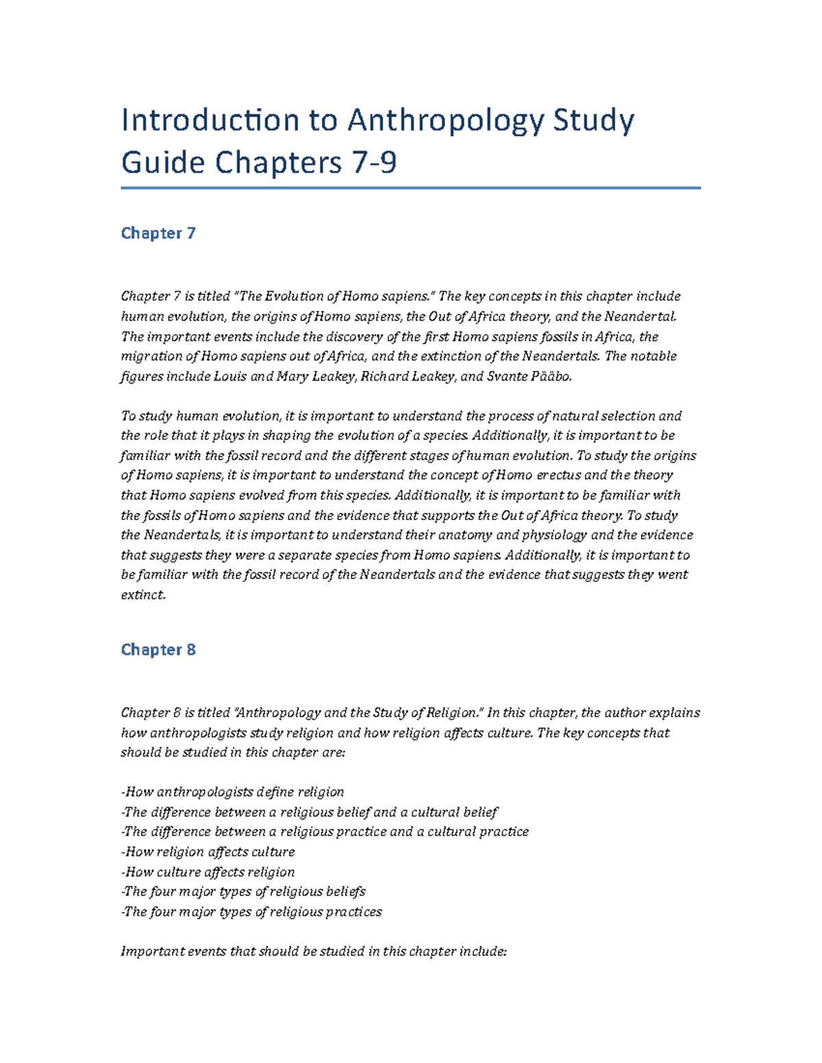 Introduction to Anthropology Study Guide Chapters 7-9 - Introduction to ...