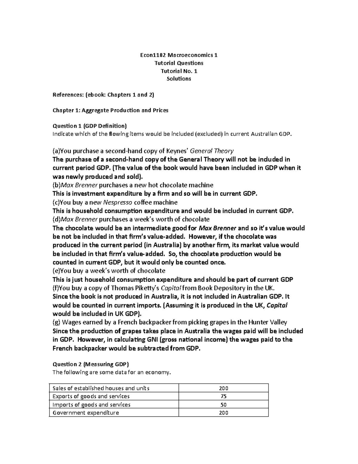 Tutorial No 1 T1 W2 sol - SOLUTION - Econ1102 Macroeconomics 1 Tutorial Questons Tutorial No. 1 ...