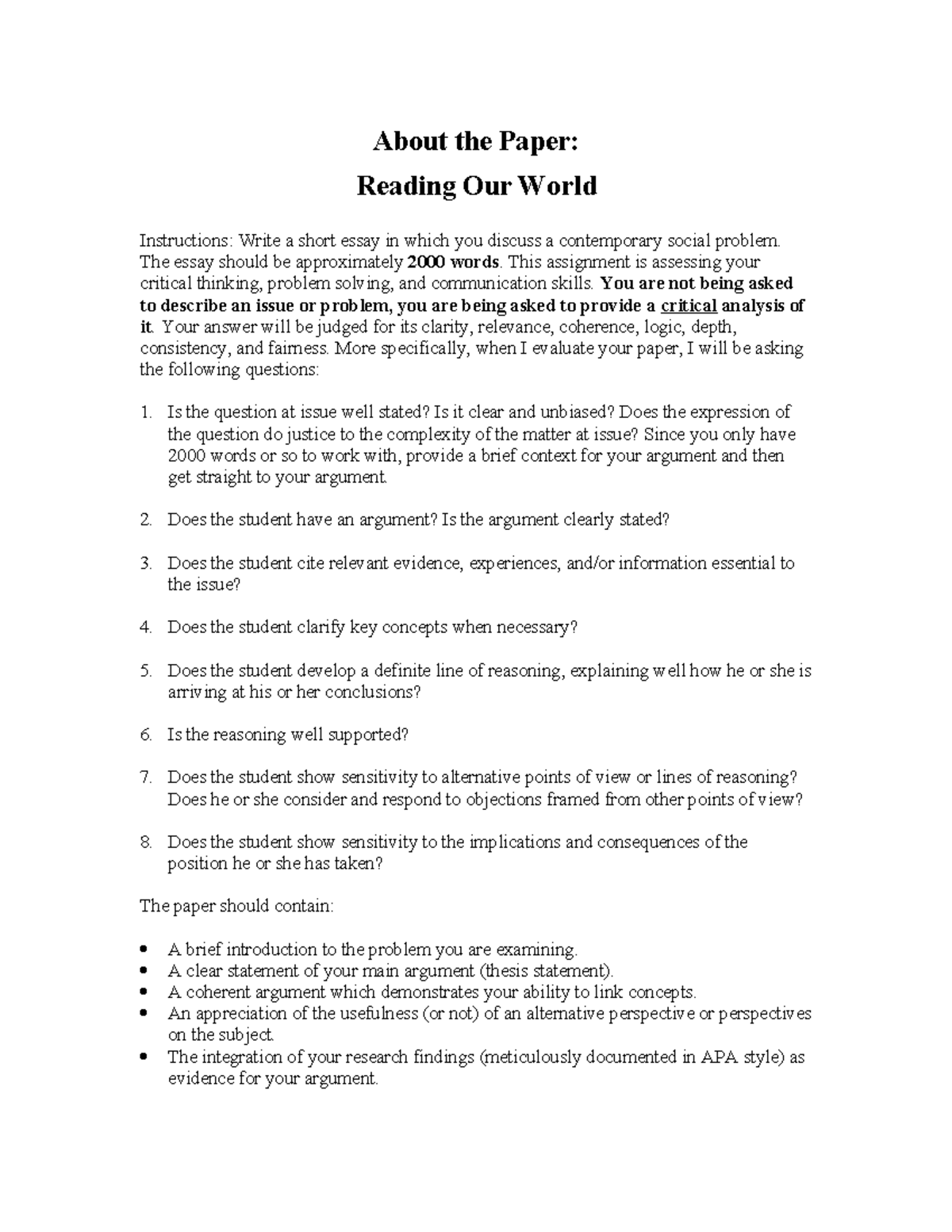 About the Paper Instructions - About the Paper: Reading Our World ...