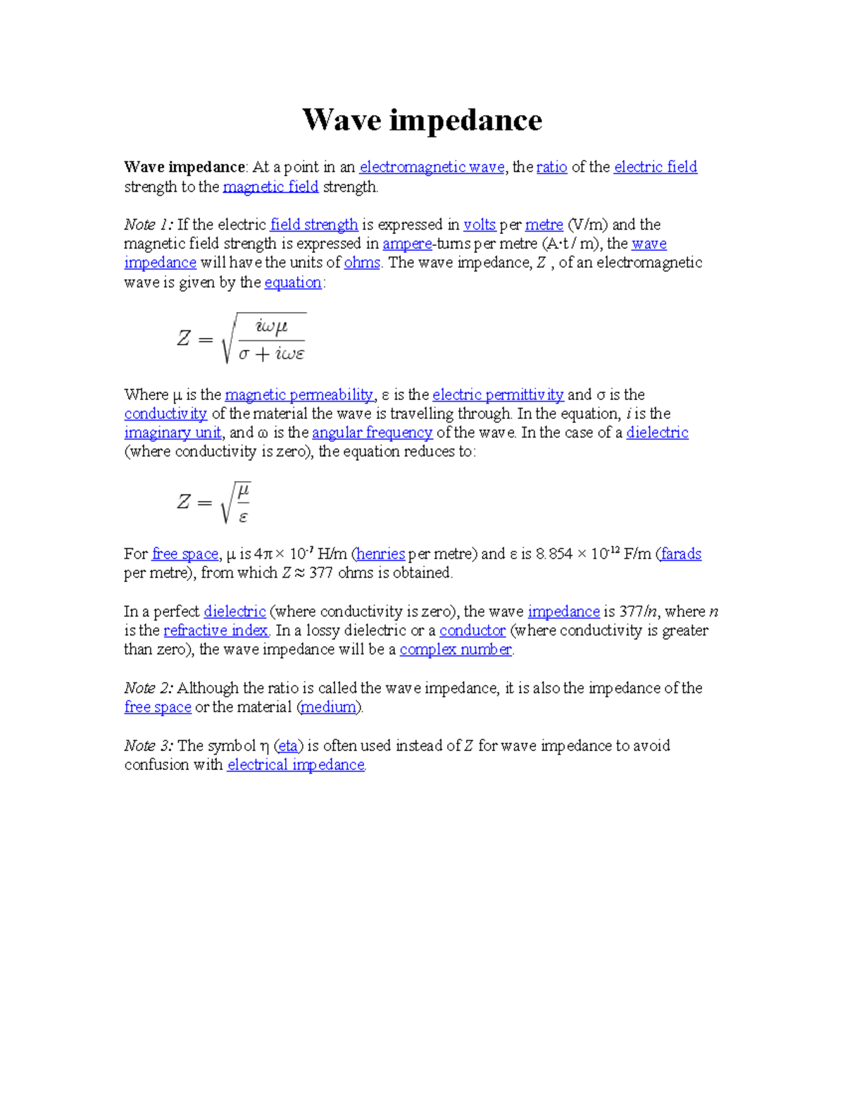 Wave impedance - lecture notes - Wave impedance Wave impedance: At a ...