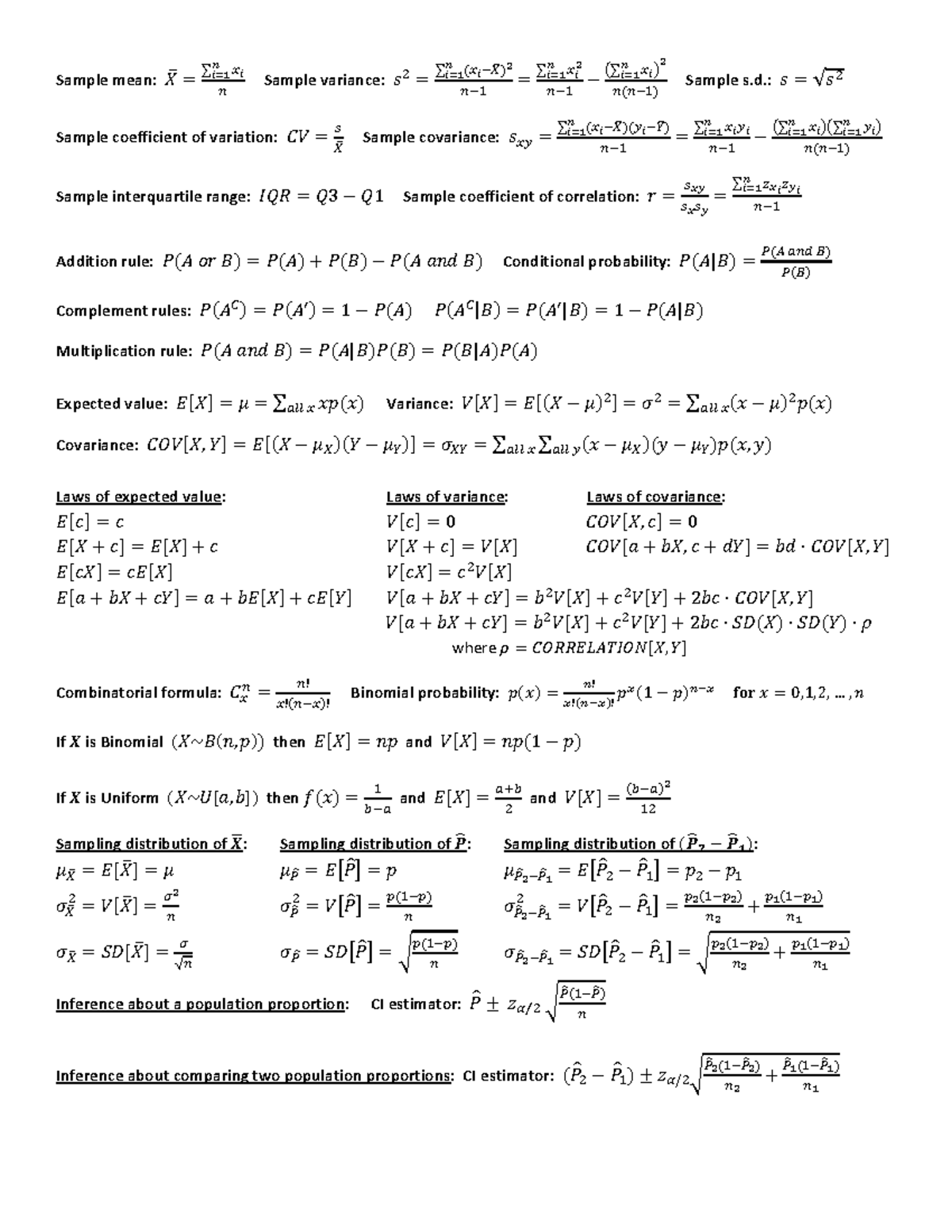 ECO220 aidsheet midterm 3 - Sample mean: 𝑋 ̅ = ∑ 𝑥 𝑖 𝑛 𝑖= 𝑛 Sample ...