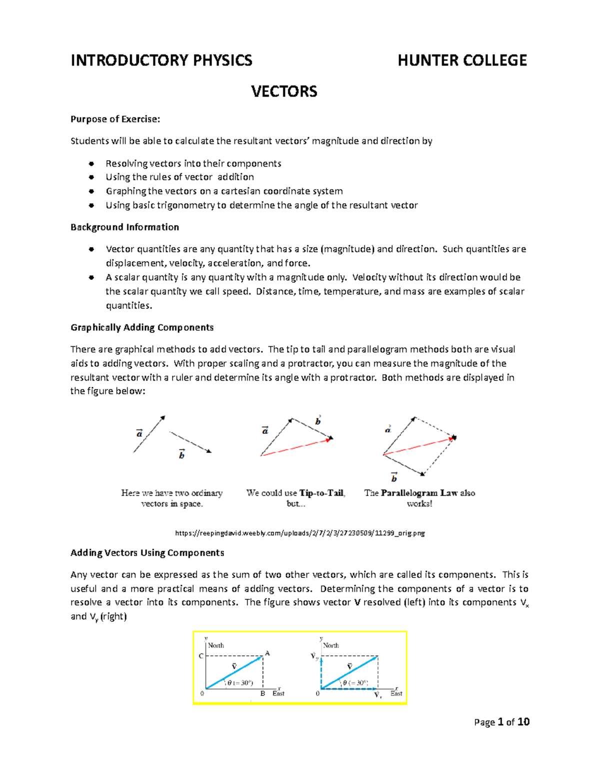 Lab 3 Vectors - lab sheet - INTRODUCTORY PHYSICS HUNTER COLLEGE VECTORS ...