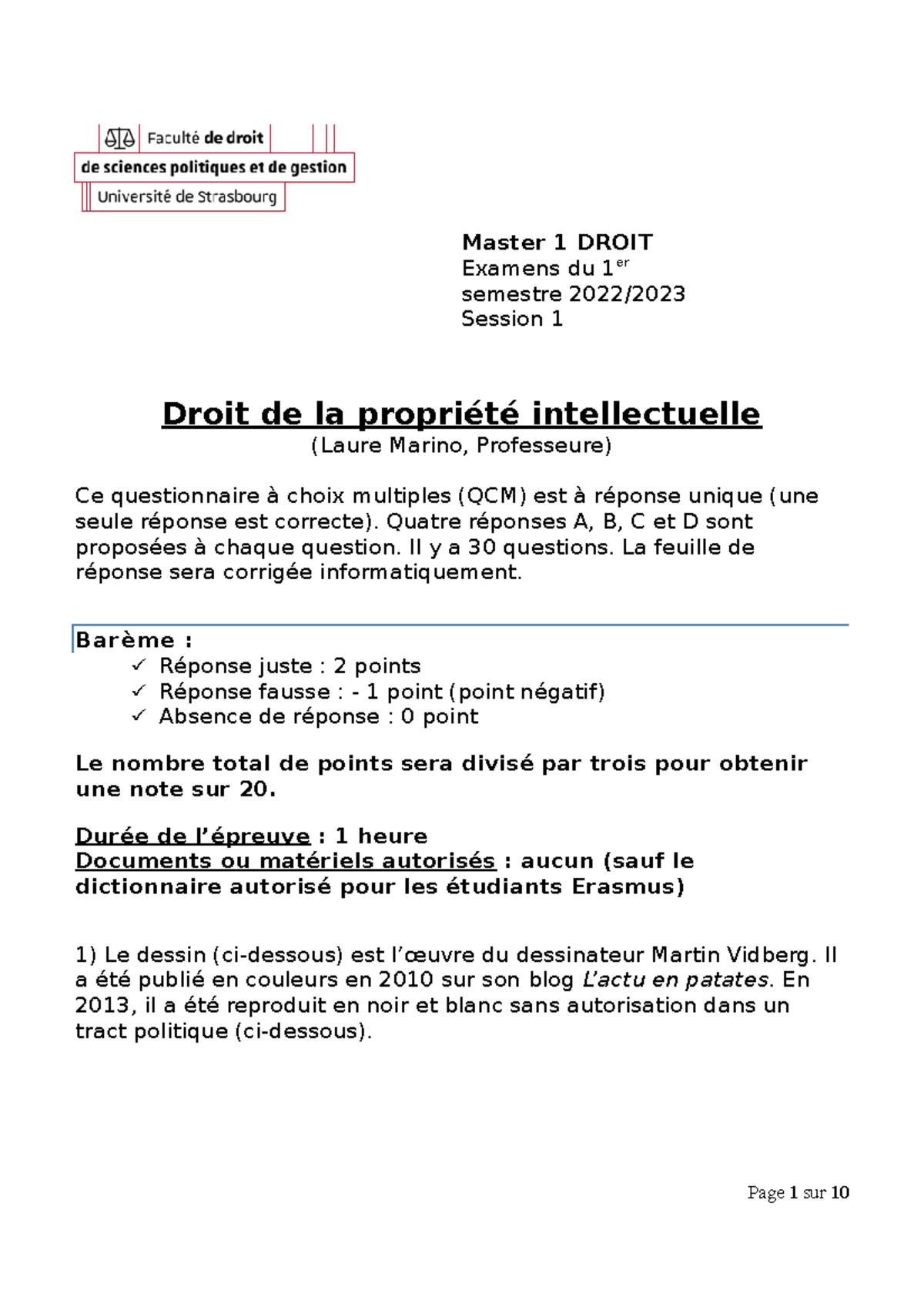 Droit de la propri Ã©t Ã© intellectuelle - Annales 2022-2023 - Master 1 DROIT Examens du 1 er ...