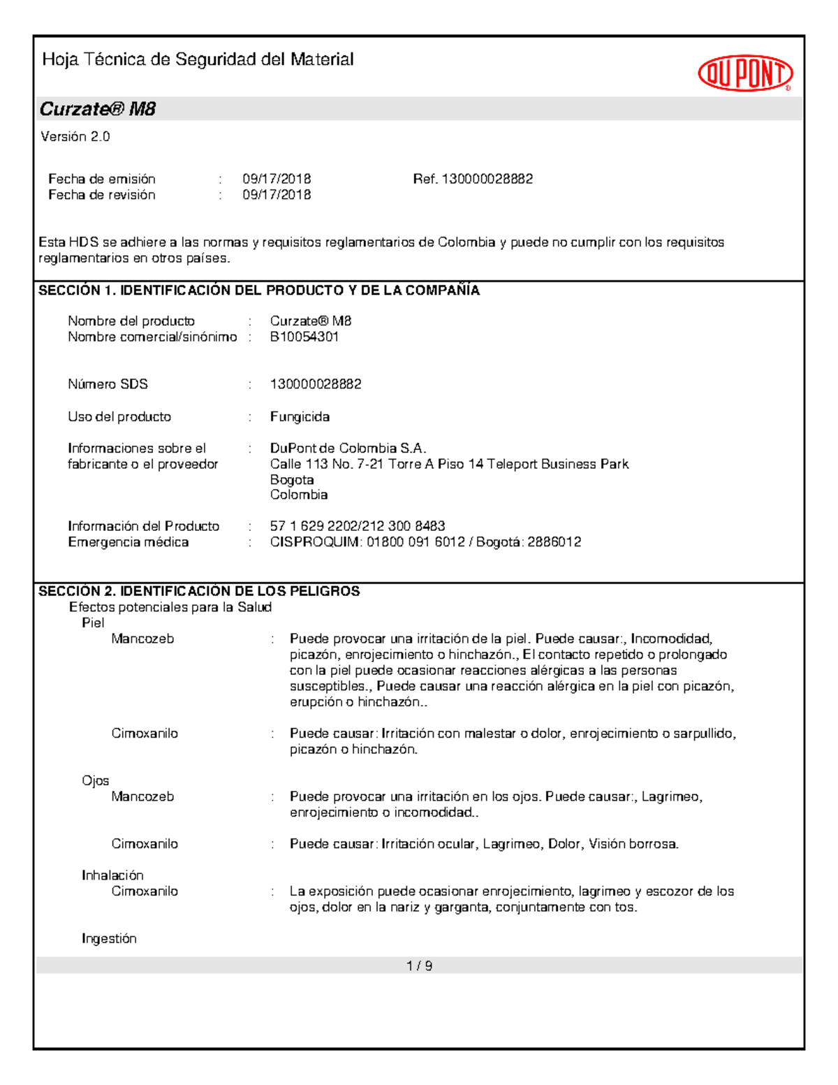 Curzate M8 SDS -HS - 222222 - Curzate® M Versión 2. 0 Fecha de emisión ...