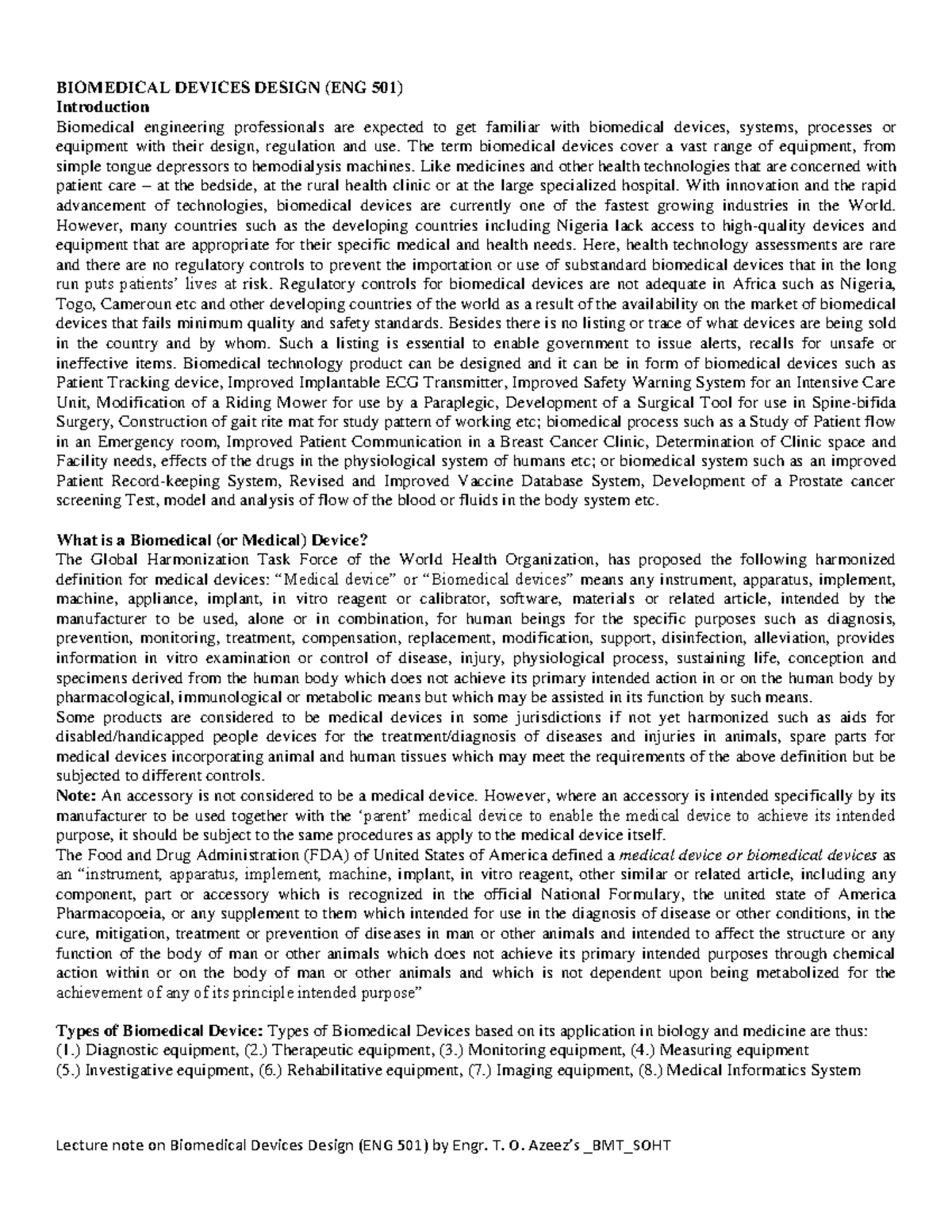 Eng 501 Introduction - BIOMEDICAL DEVICES DESIGN (ENG 501) Introduction ...