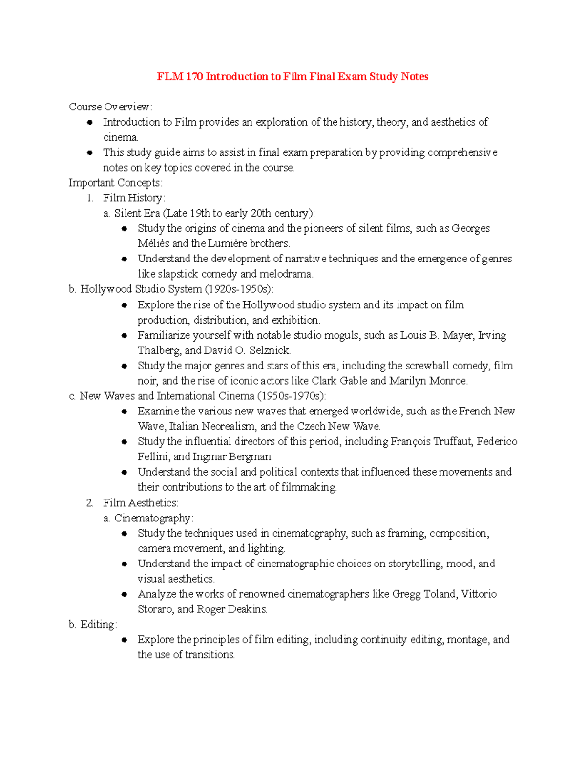 FLM 170 Introduction to Film Final Exam Study Notes - This study guide ...