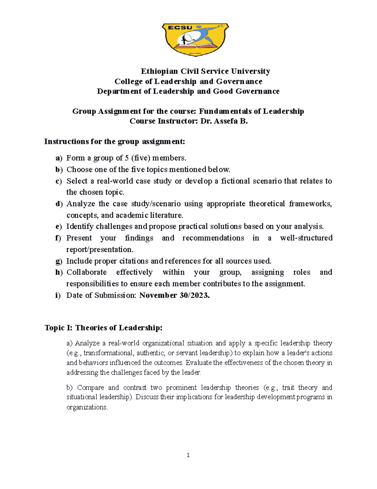 Assignment Fundamnetals of Leadership Course - Ethiopian Civil Service ...