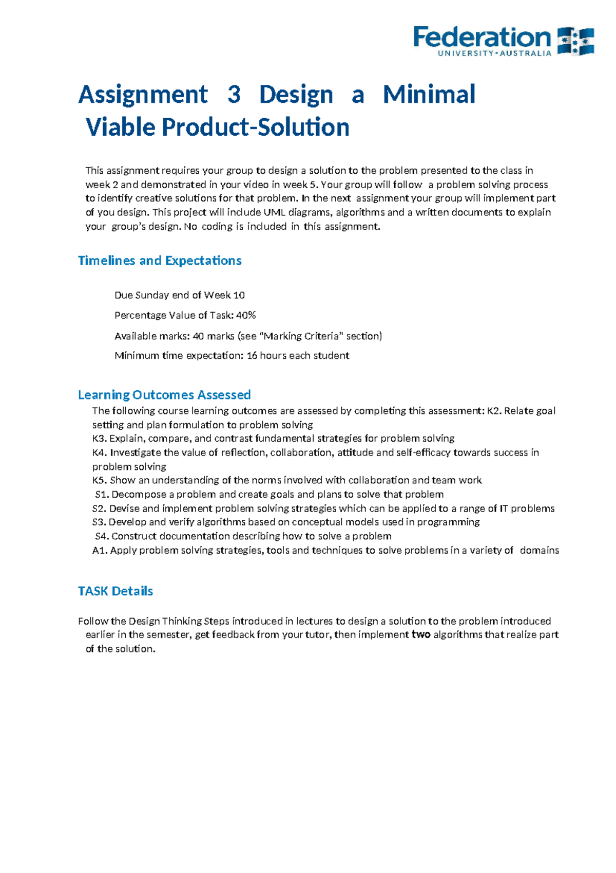 Itech 1101 Assignment 3 Design a Minimal Viable Solution-2024-v3 - Assignment 3 Design a Minimal ...