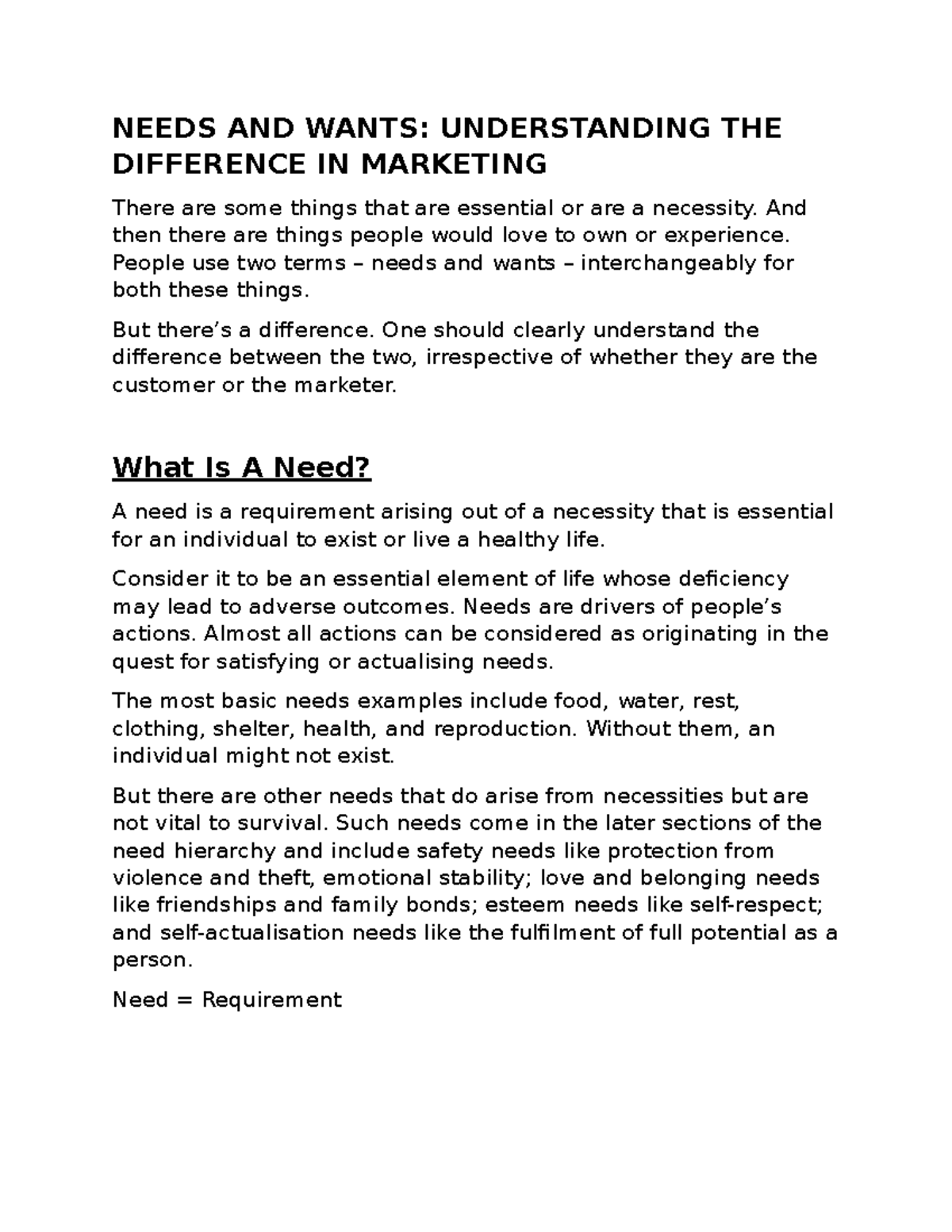 Needs and wants in marketing - NEEDS AND WANTS: UNDERSTANDING THE ...