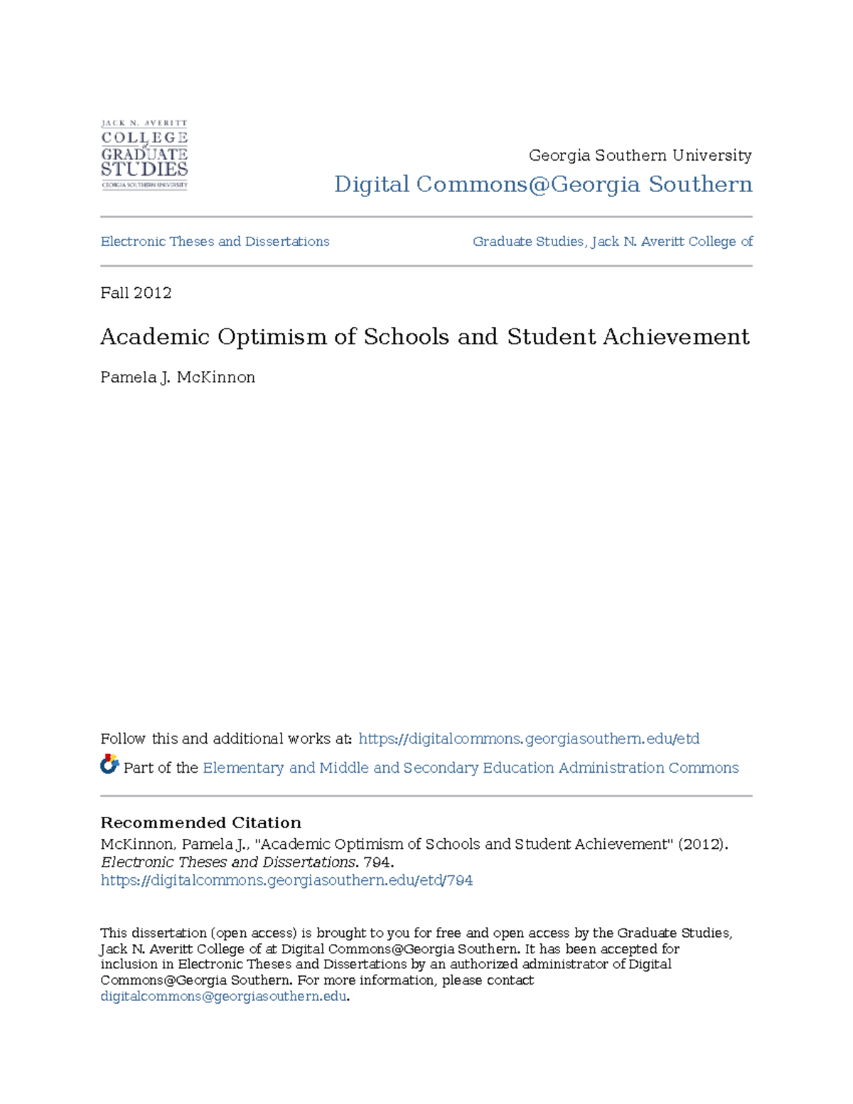 Academic Optimism of Schools and Student Achievement - Bachelor of ...
