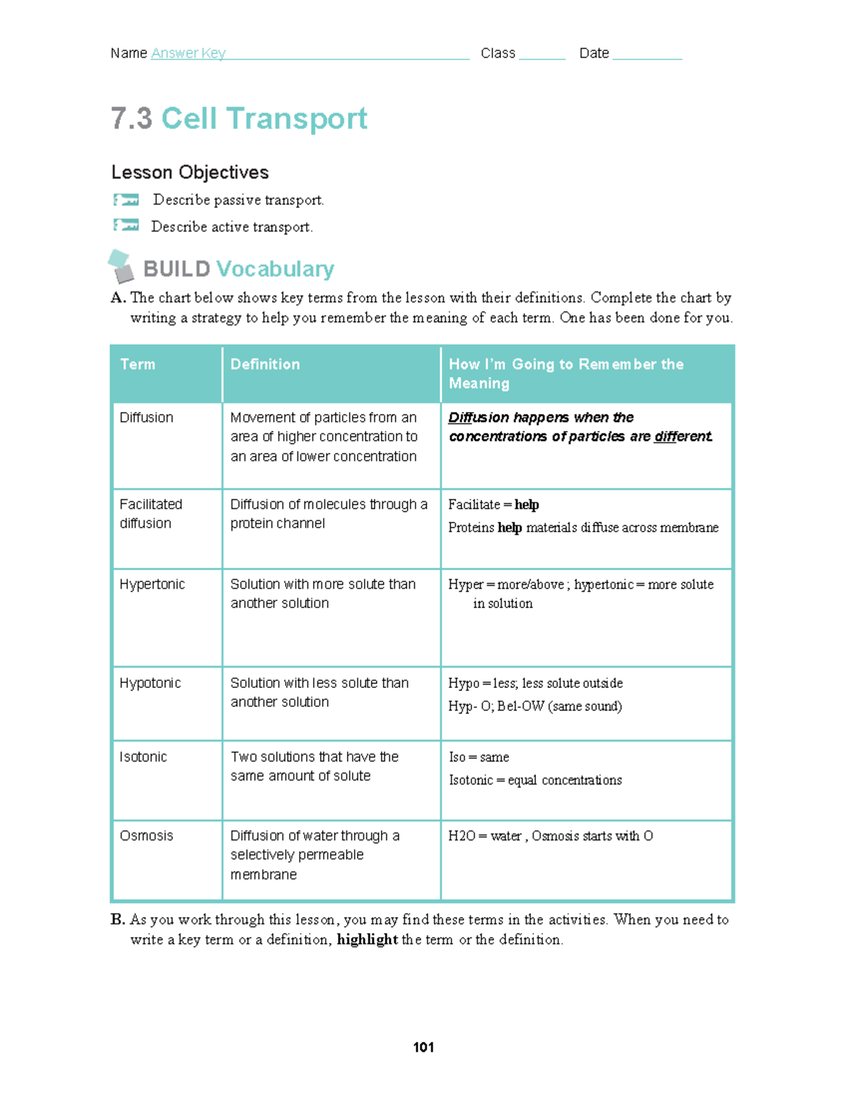 Ws2 answers - WS2 ANSWES ib bio - Name Answer Key Class Date 7 Cell ...