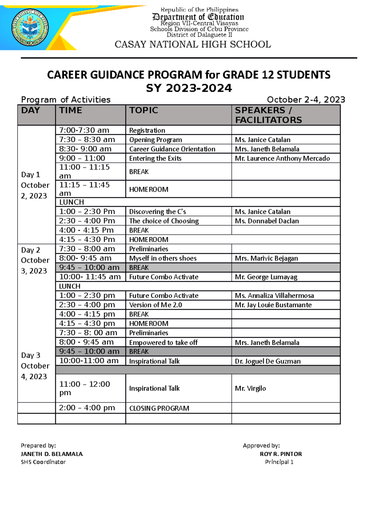 Matrix for Grade 12 - CAREER GUIDANCE PROGRAM for GRADE 12 STUDENTS SY ...