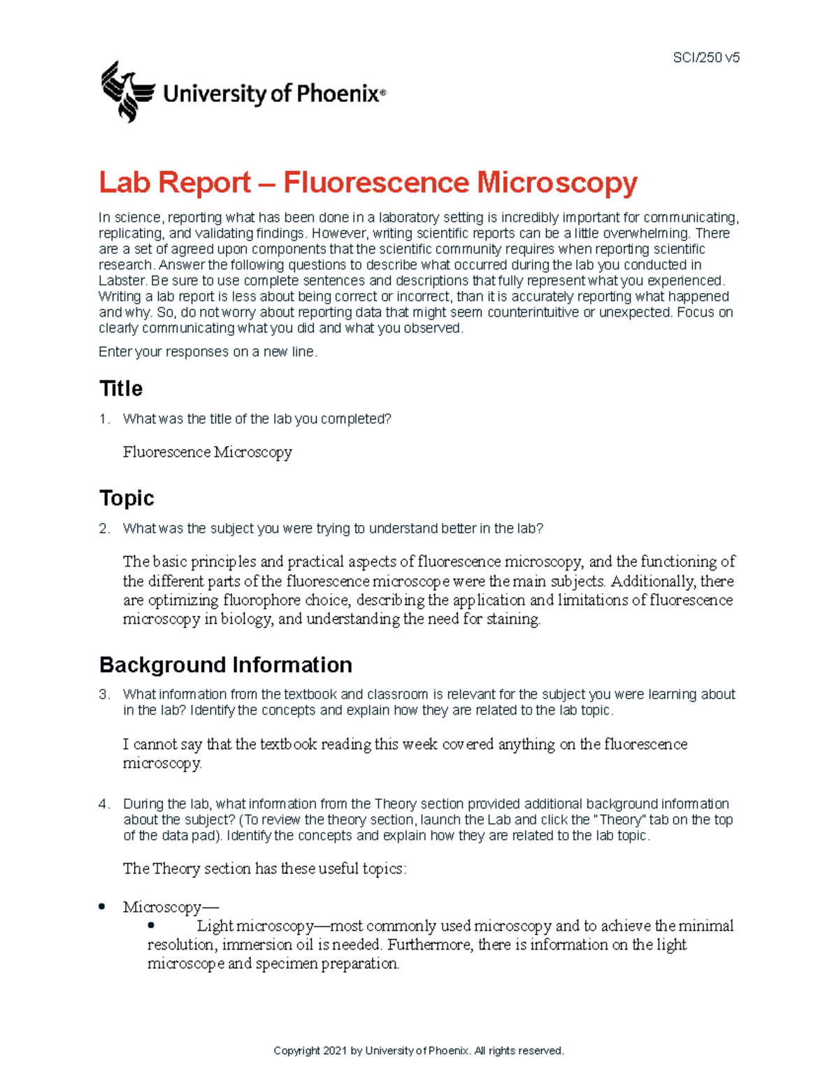 Sci250 v5 wk5 the fluorescence microscopy lab report - SCI/250 v Lab Report – Fluorescence - Studocu