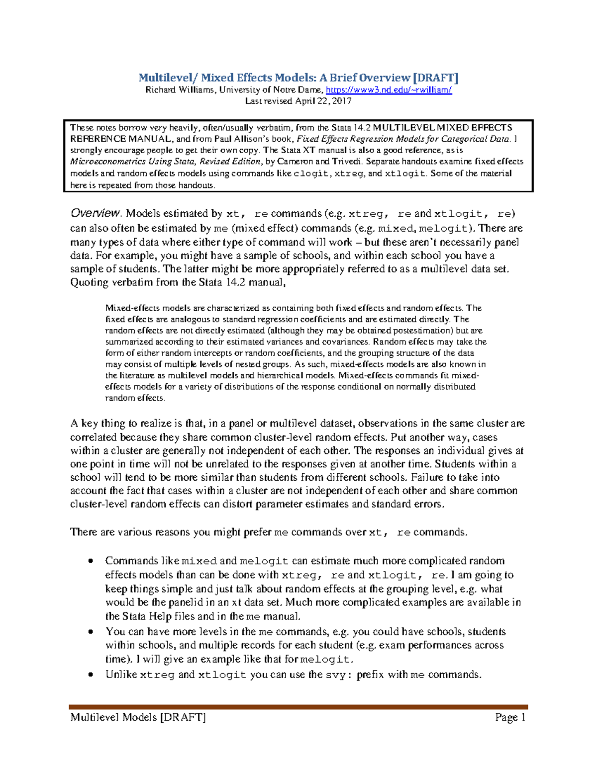 Multilevel - Mixed Effects Models A Brief Overview - Multilevel/ Mixed ...