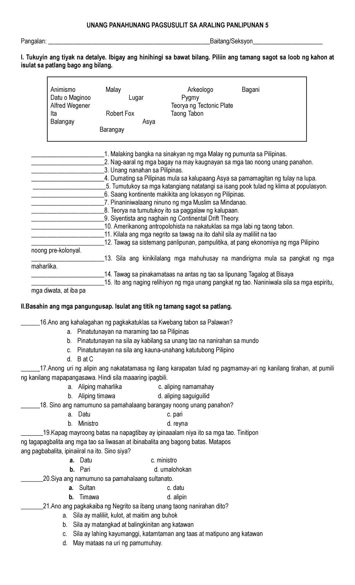 AP Grade 5 1st Quarter Exam - UNANG PANAHUNANG PAGSUSULIT SA ARALING ...