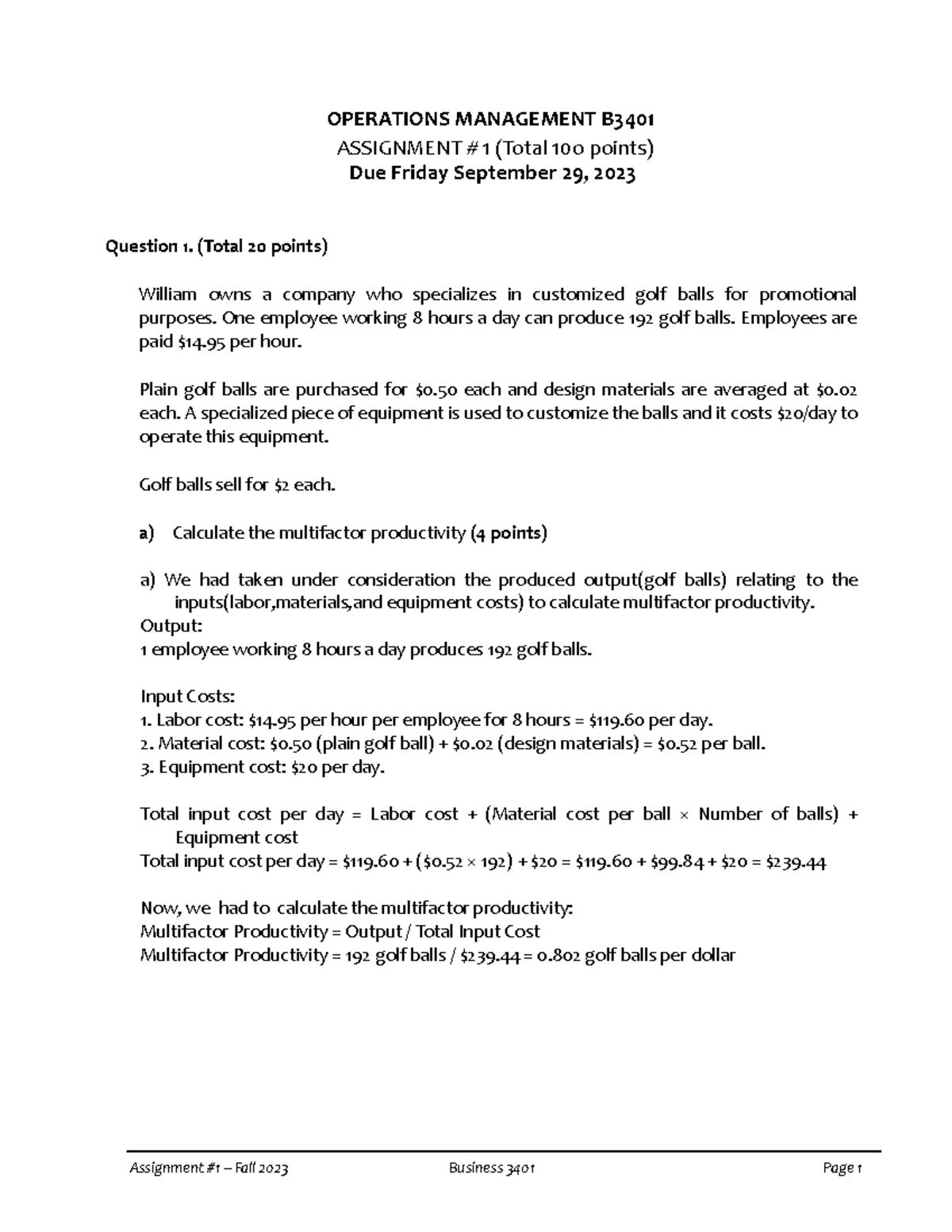 Assign 1 Fall 2023 nzayma 2019 57180 - OPERATIONS MANAGEMENT B ...