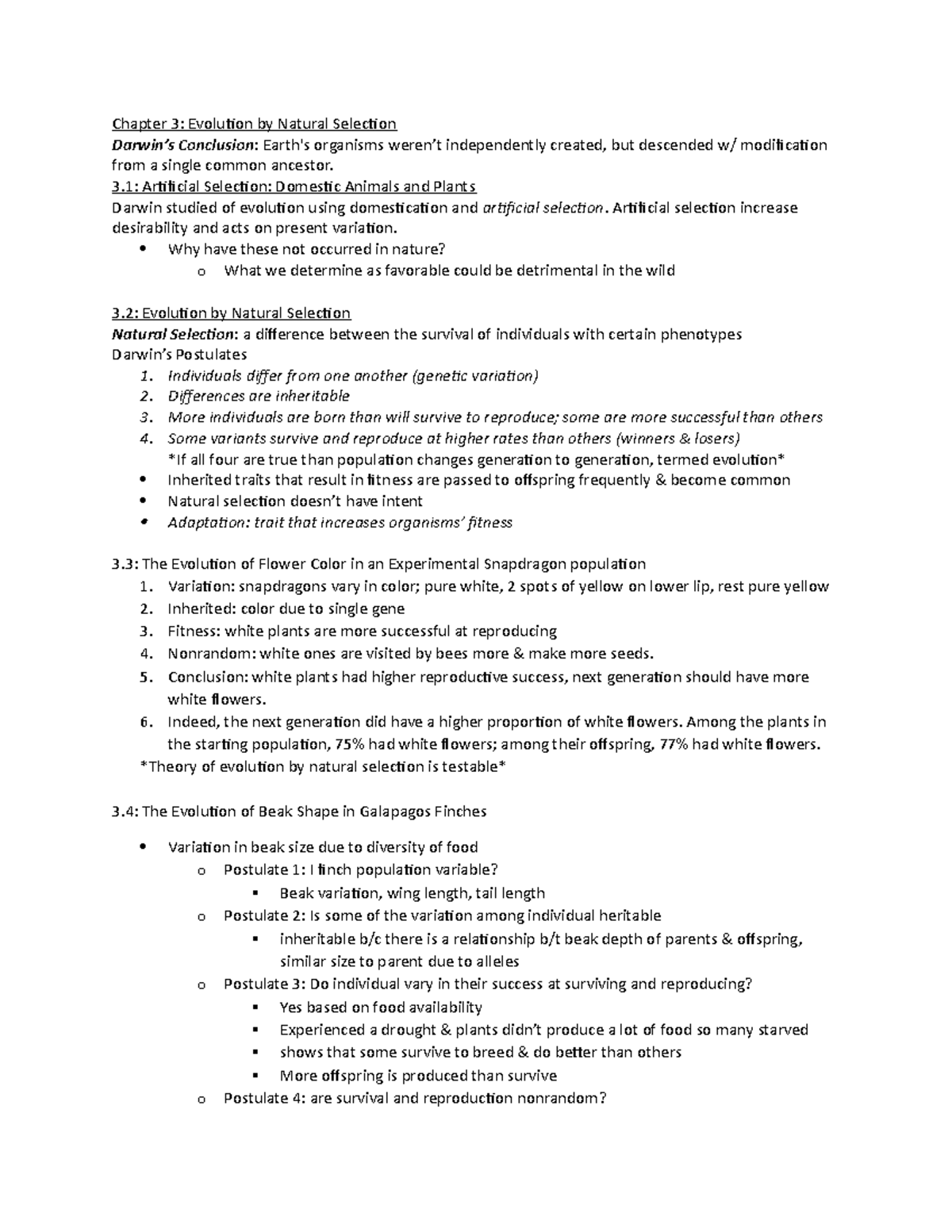 Chapter 3 Notes - Chapter 3: Evolution by Natural Selection Darwin’s ...