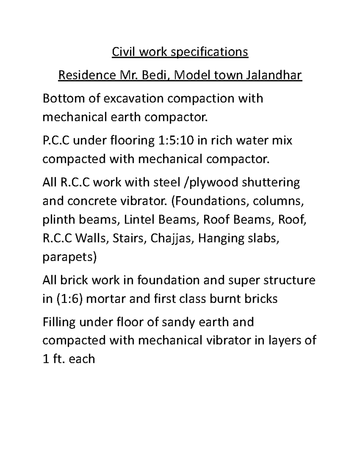 Civil work specifications - Civil work specifications Residence Mr ...