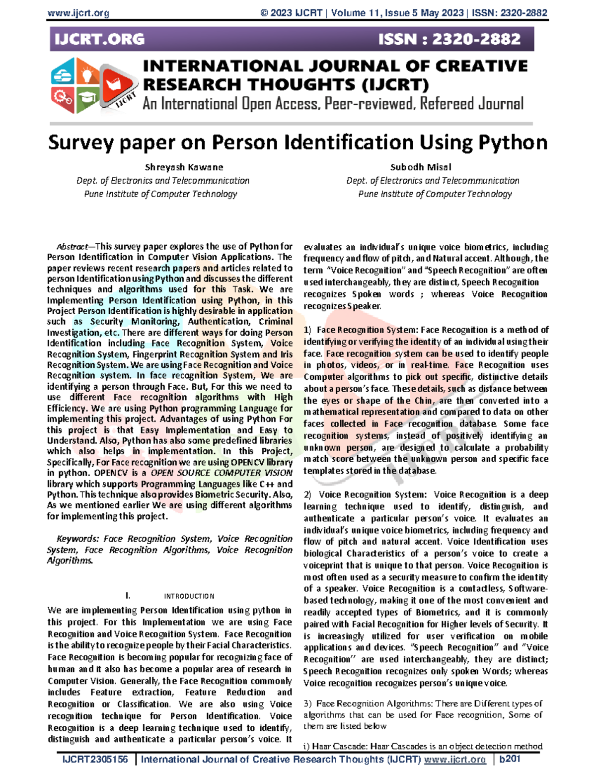 Design And Implement Person Identification Using Python - ijcrt © 2023 ...