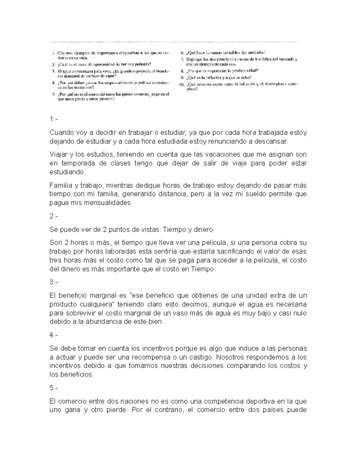 Preguntas economía - hdfgf - 1.- Cuando voy a decidir en trabajar o ...