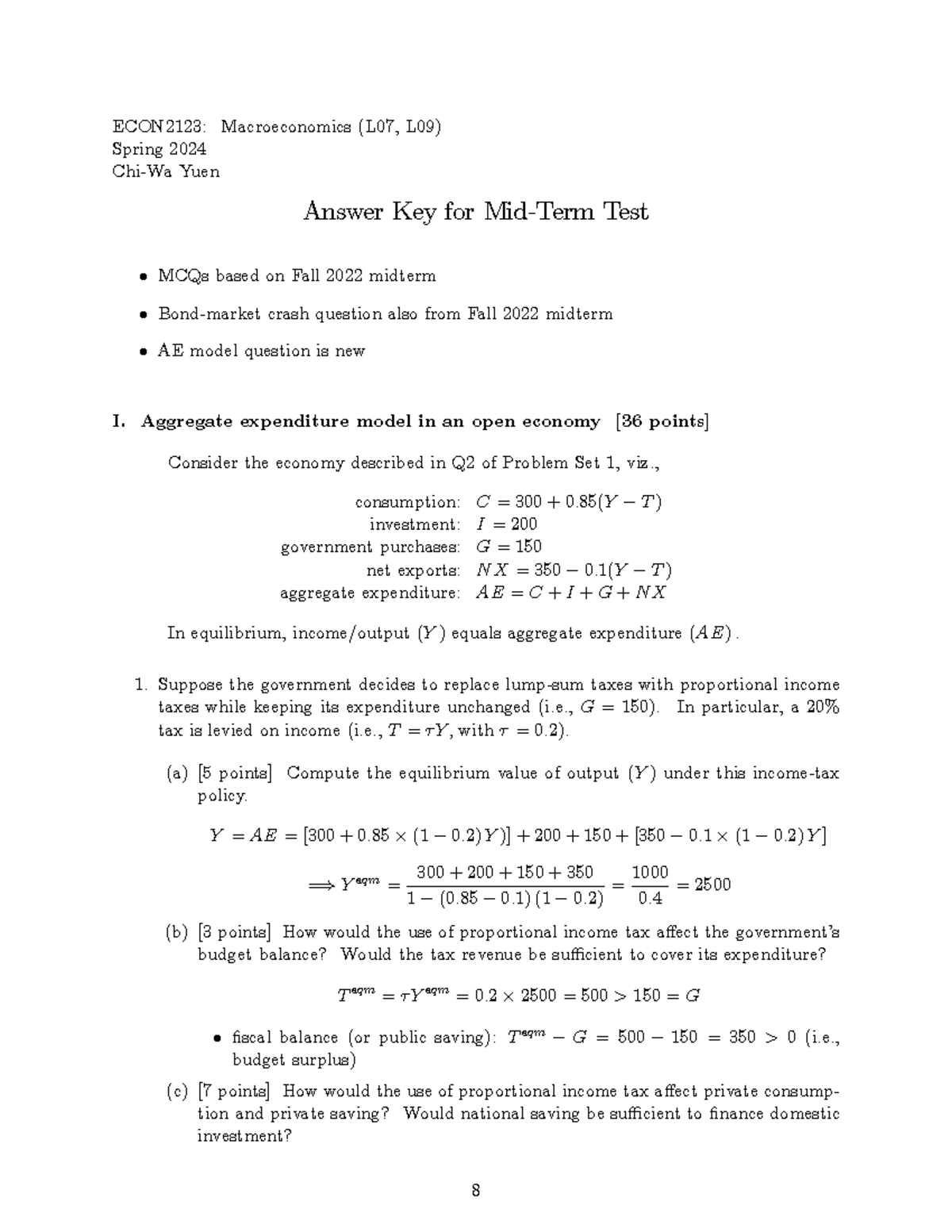 USTmacro 2024 midterm (answer key) - ECON2123: Macroeconomics (L07, L09) Spring 2024 Chi-Wa Yuen ...