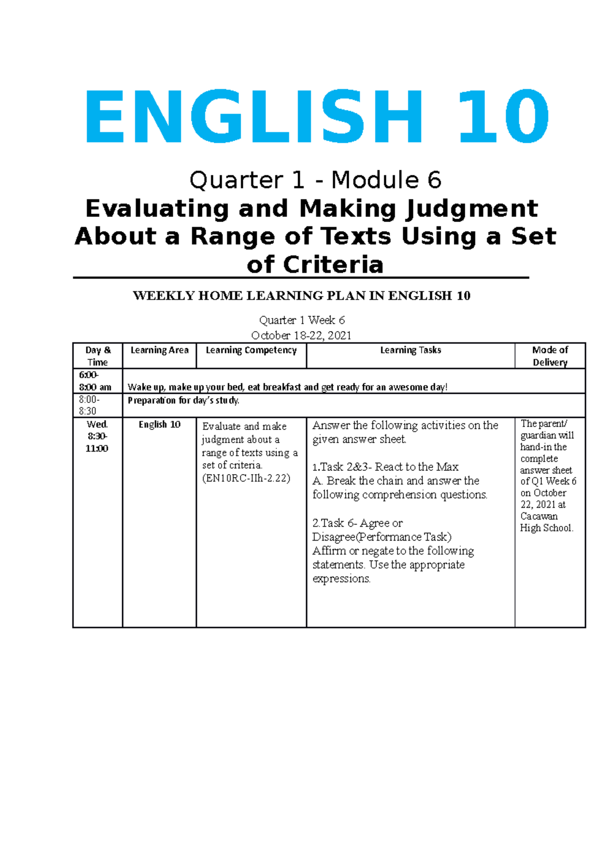 English 10 q1 week6 localized - WEEKLY HOME LEARNING PLAN IN ENGLISH 10 ...