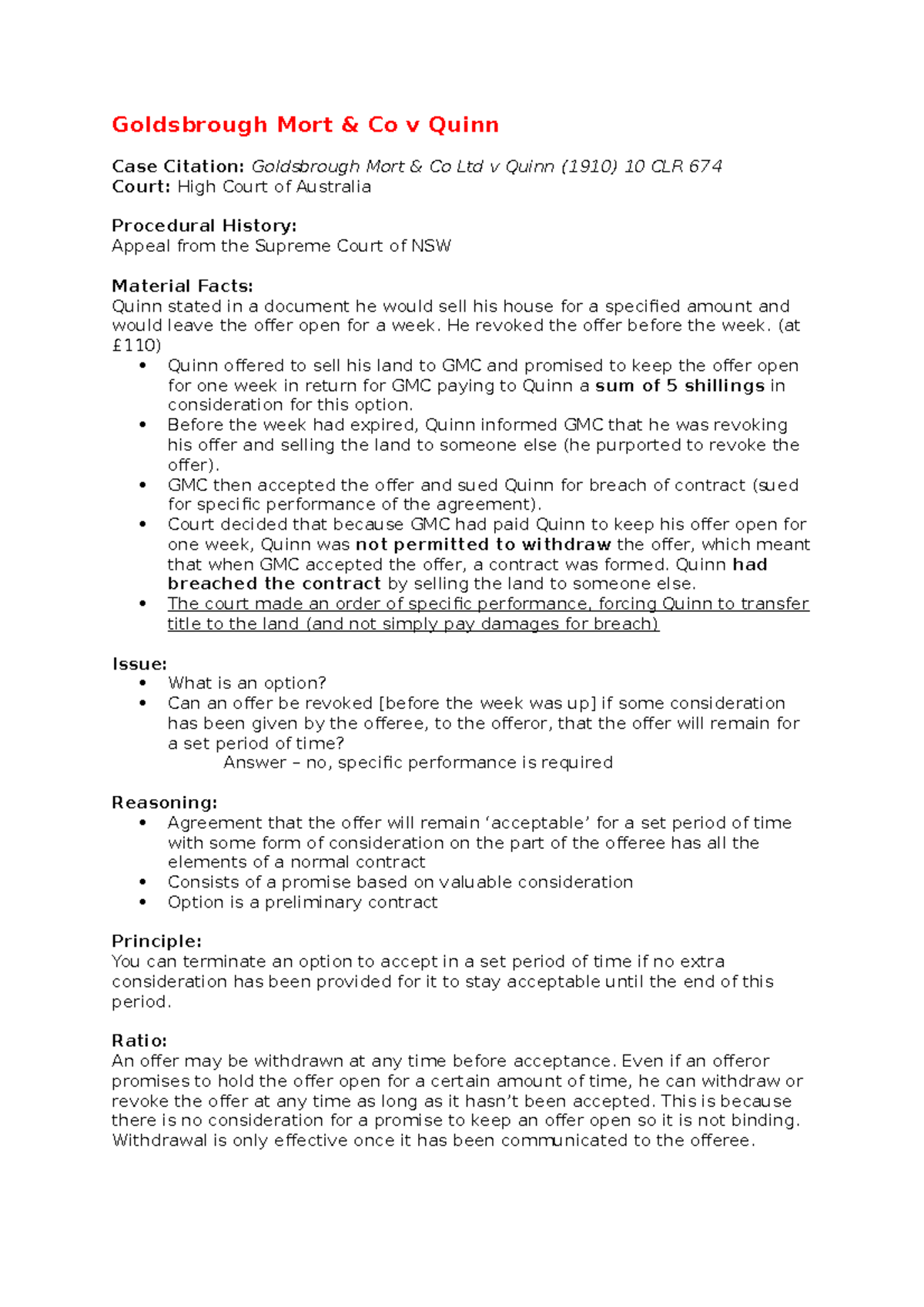 Goldsbrough v Mort & Quinn Case Summary - Goldsbrough Mort & Co v Quinn ...