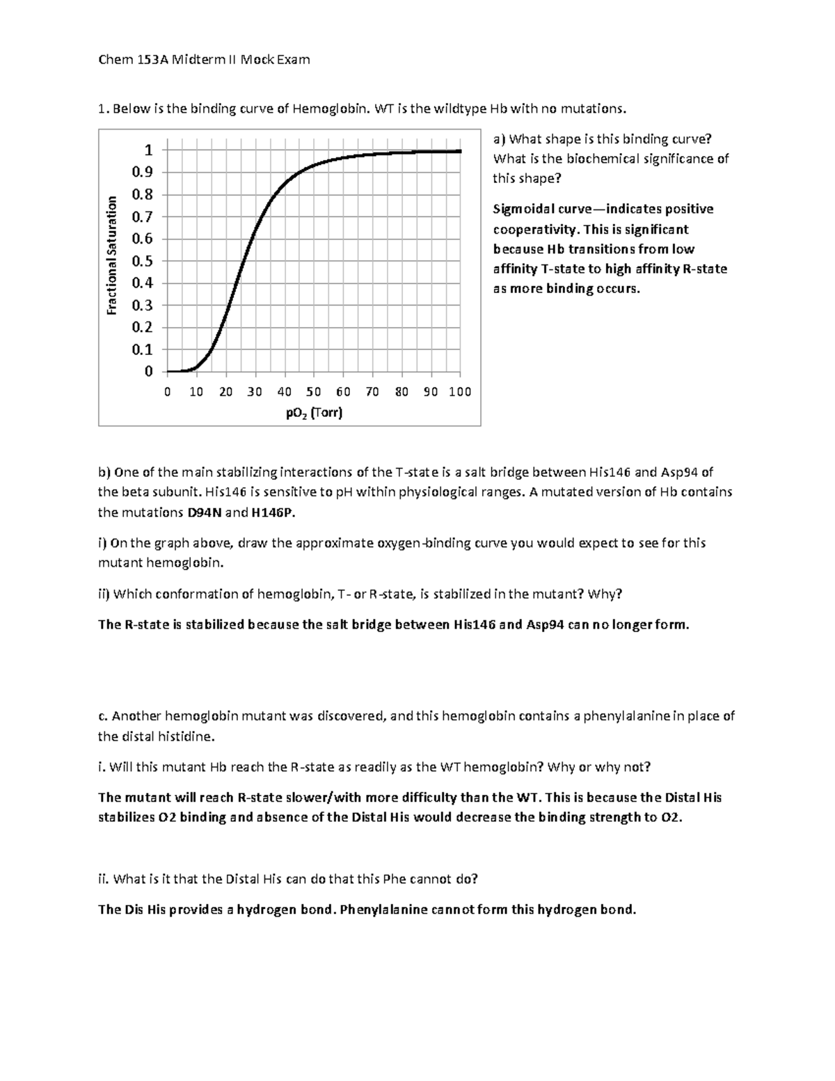 153A Midterm 2 Practice Answer Key - Chem 153A Midterm II Mock Exam Below is the binding curve ...