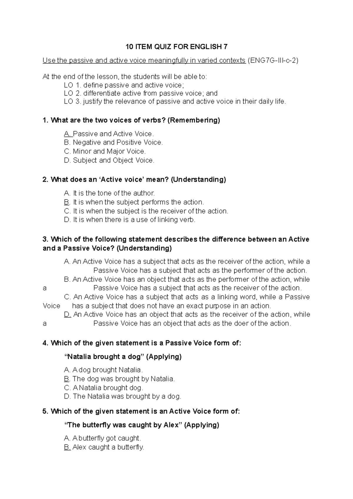 10-ITEM-QUIZ-FOR- English-7 - 10 ITEM QUIZ FOR ENGLISH 7 Use the ...