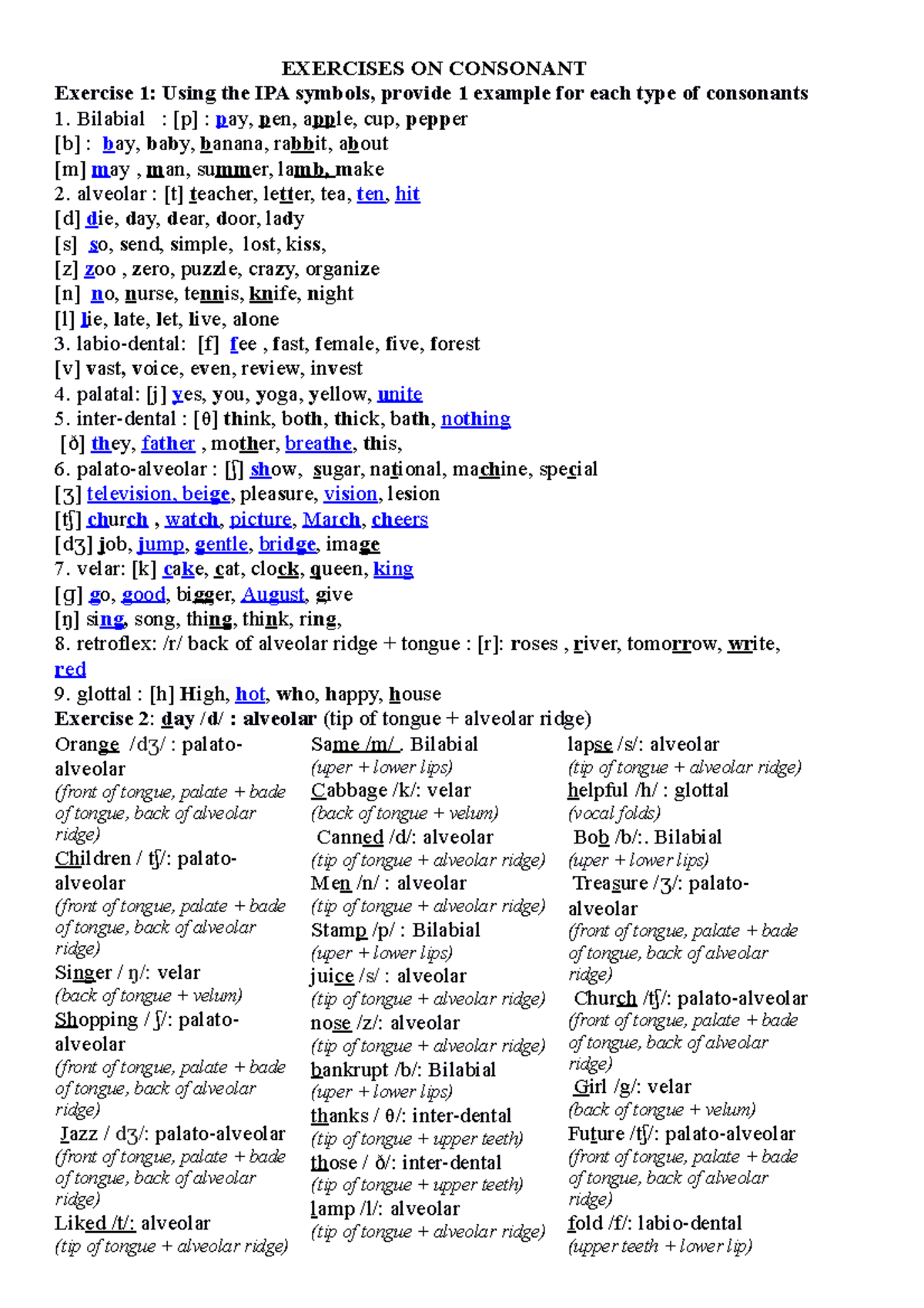 Exercises ON Consonant - EXERCISES ON CONSONANT Exercise 1: Using the ...