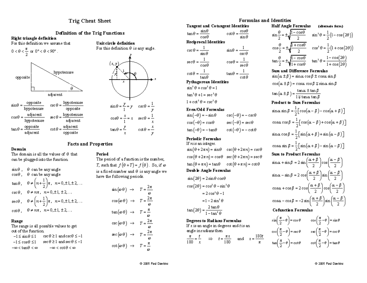 Trigonometric Formulas - © 2005 Paul Dawkins Trig Cheat Sheet ...