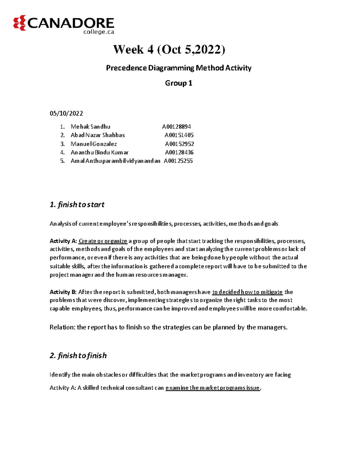 Group 1 Walmart Activity-merged pdf - Week 4 (Oct 5,2022) Precedence ...