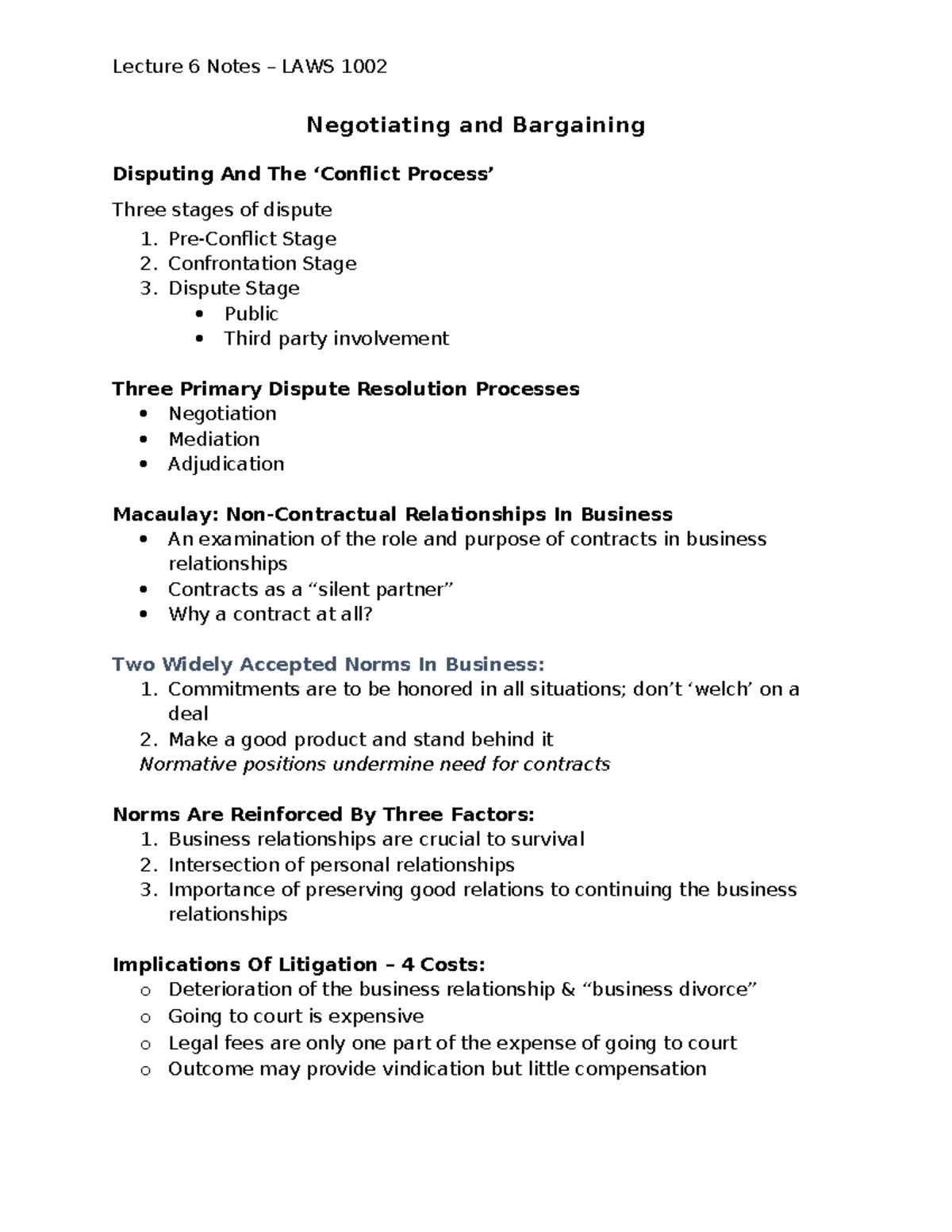 Lecture 6 Notes Lecture 6 Notes Laws 1002 Negotiating And