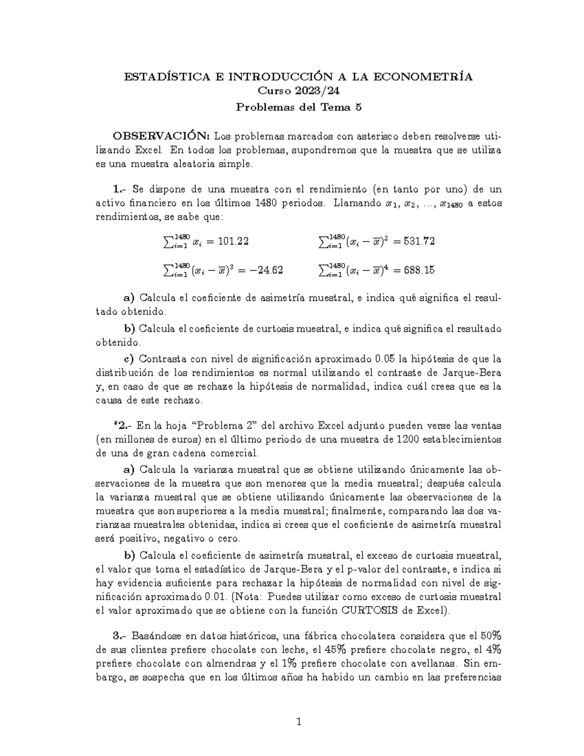 Problemas tema 5 - ESTADÕSTICA E INTRODUCCI”N A LA ECONOMETRÕA Curso 2023/ Problemas del Tema 5 ...