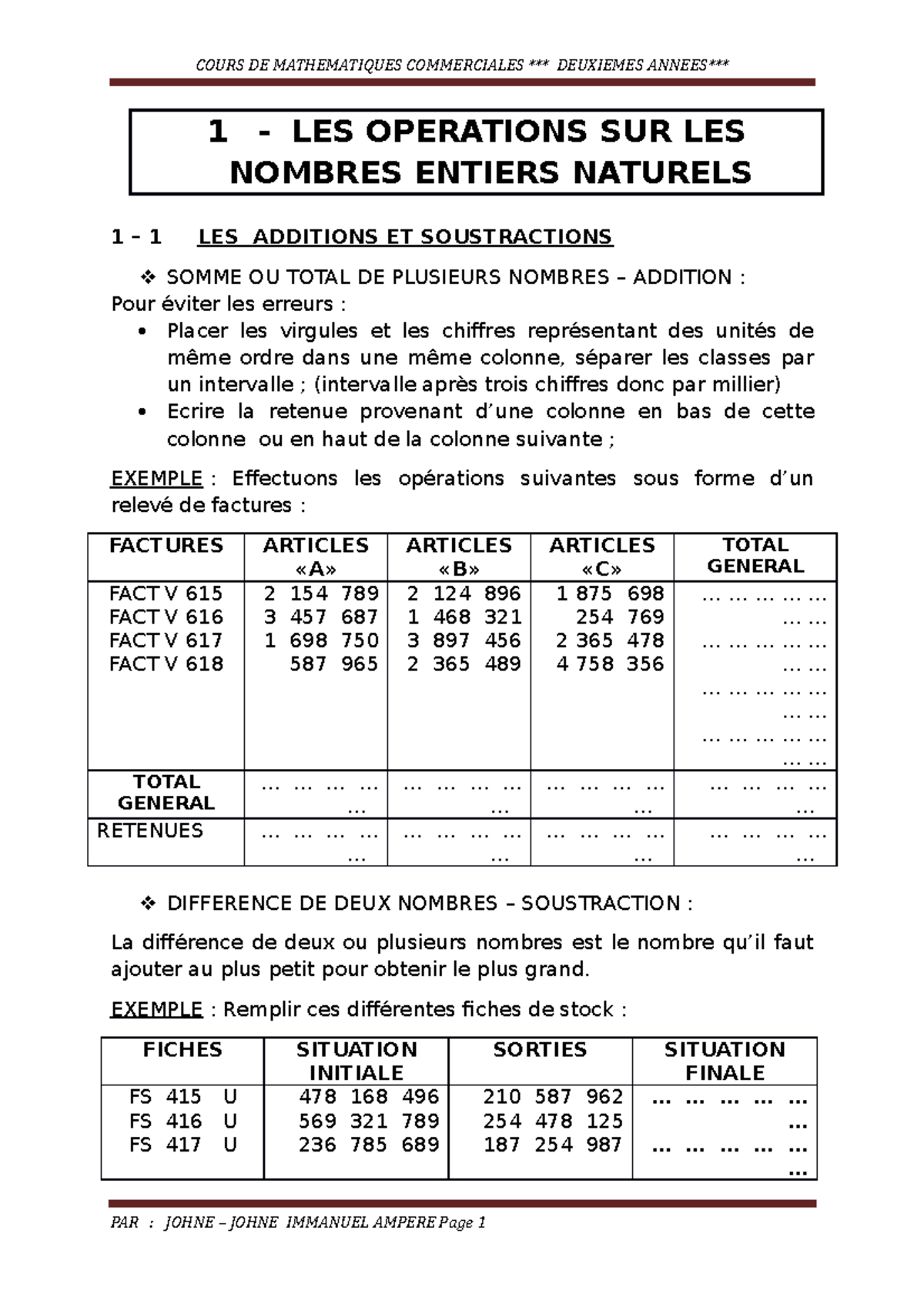 Cours DE Maths COM 2 AN - LECTURE NOTES IN MATH - 1 - LES OPERATIONS ...