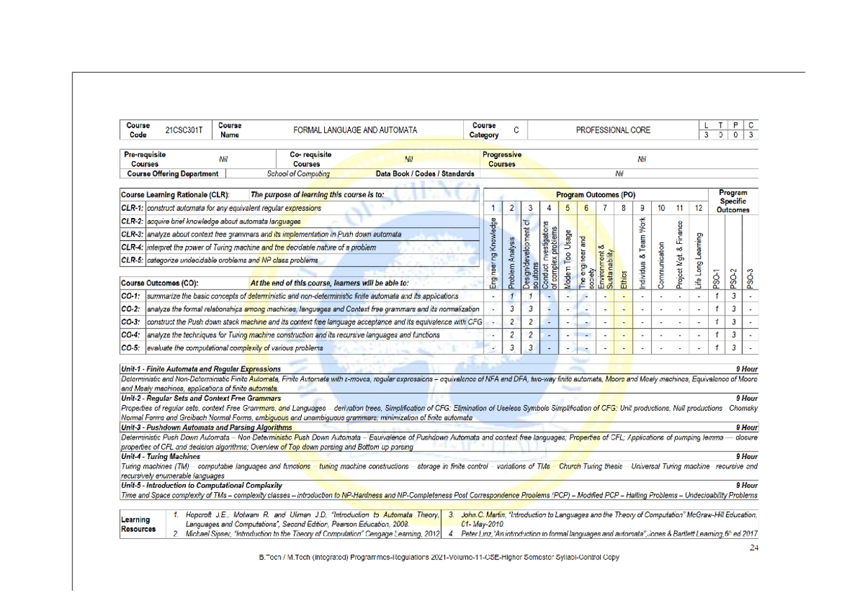 Syllabus Formal Language Automata - Course Course Course L T P C ...