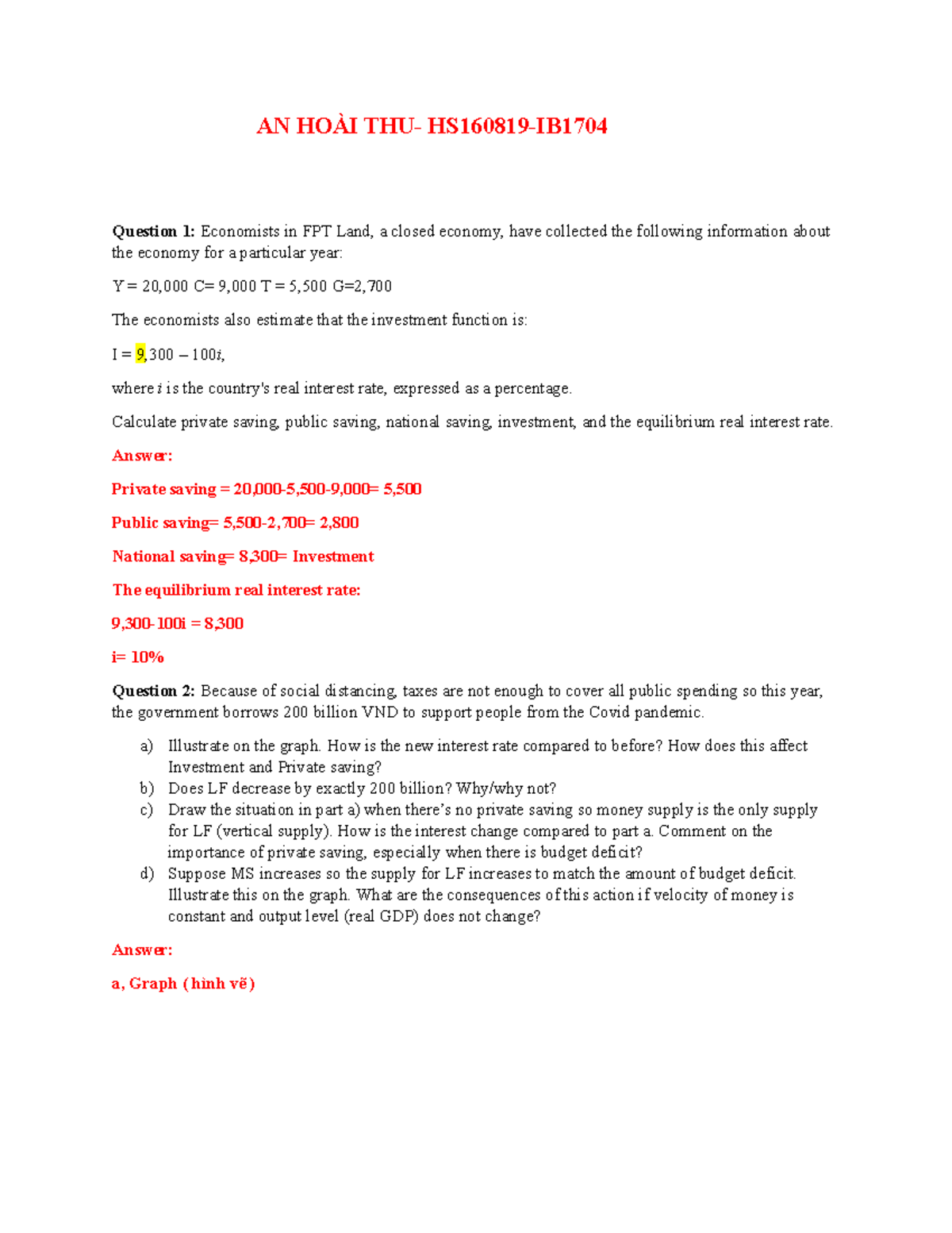 ECO Individual Assignment 2 - AN HO䄃I THU- HS160819-IB Question 1 ...