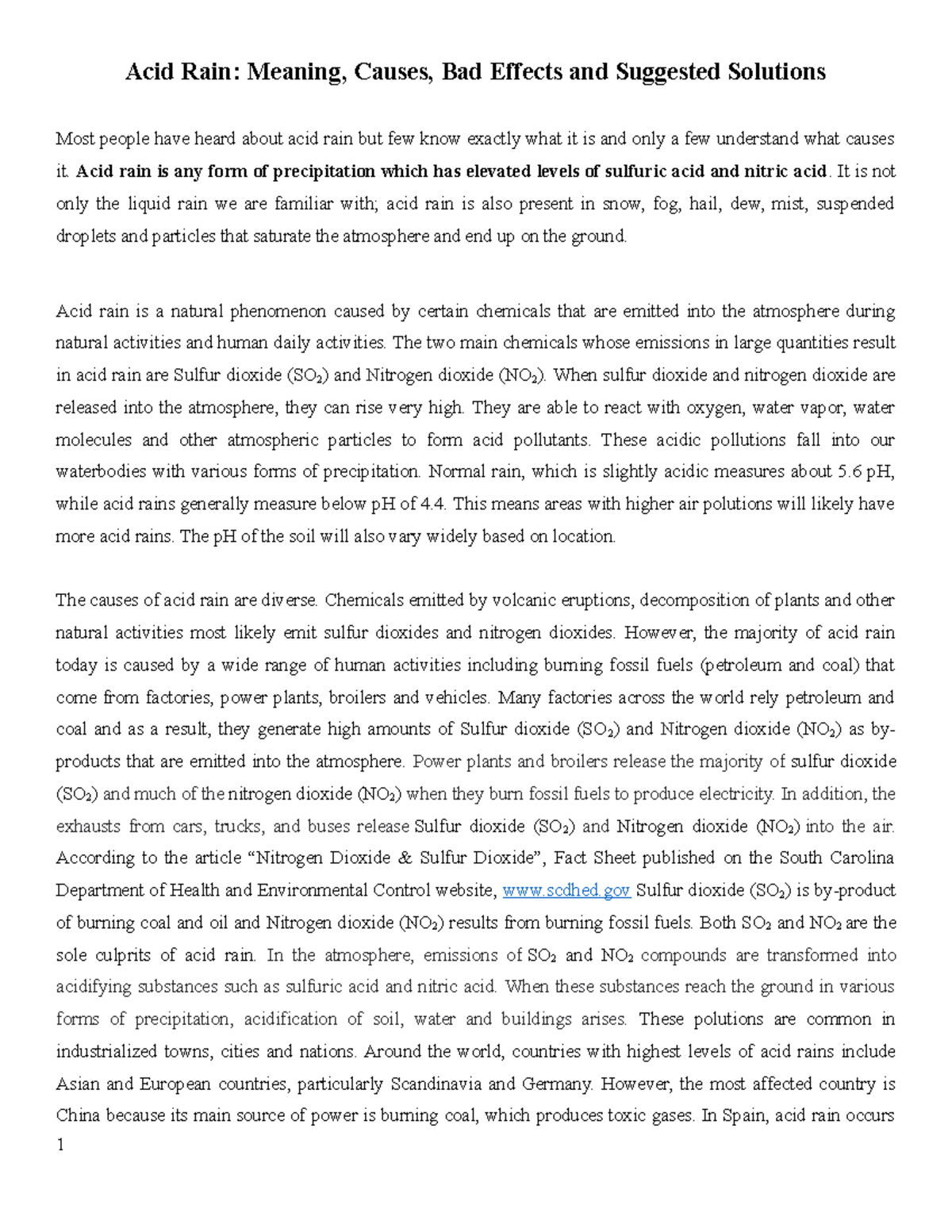 Acid Rain Paper 1 - Grade: A+ - Acid Rain: Meaning, Causes, Bad Effects ...