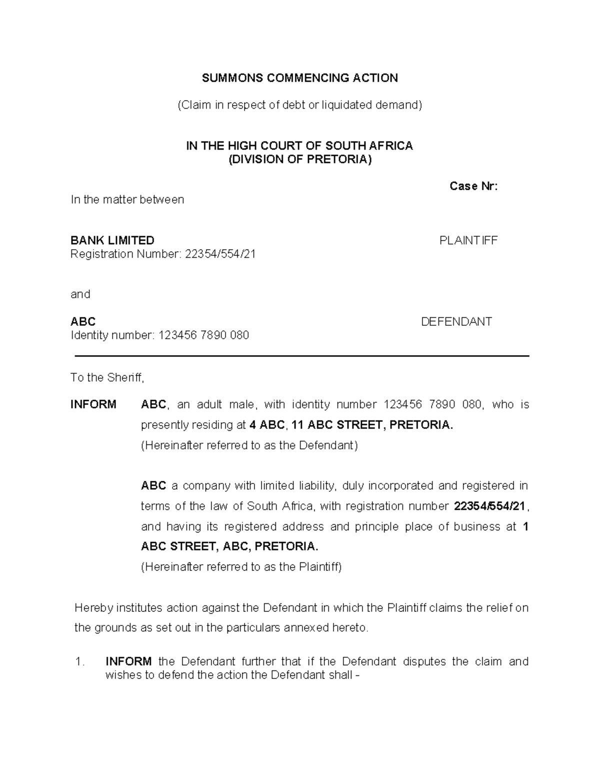 Simple summons-PRETORIA HIGH COURT - SUMMONS COMMENCING ACTION (Claim in respect of debt or ...