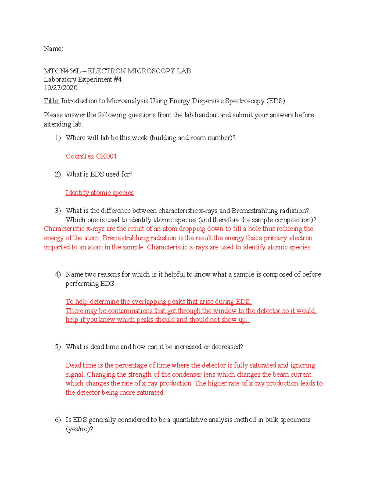 Mines MTGN 456 Electron Microscopy Microanalysis EDS Lab HW - Name ...