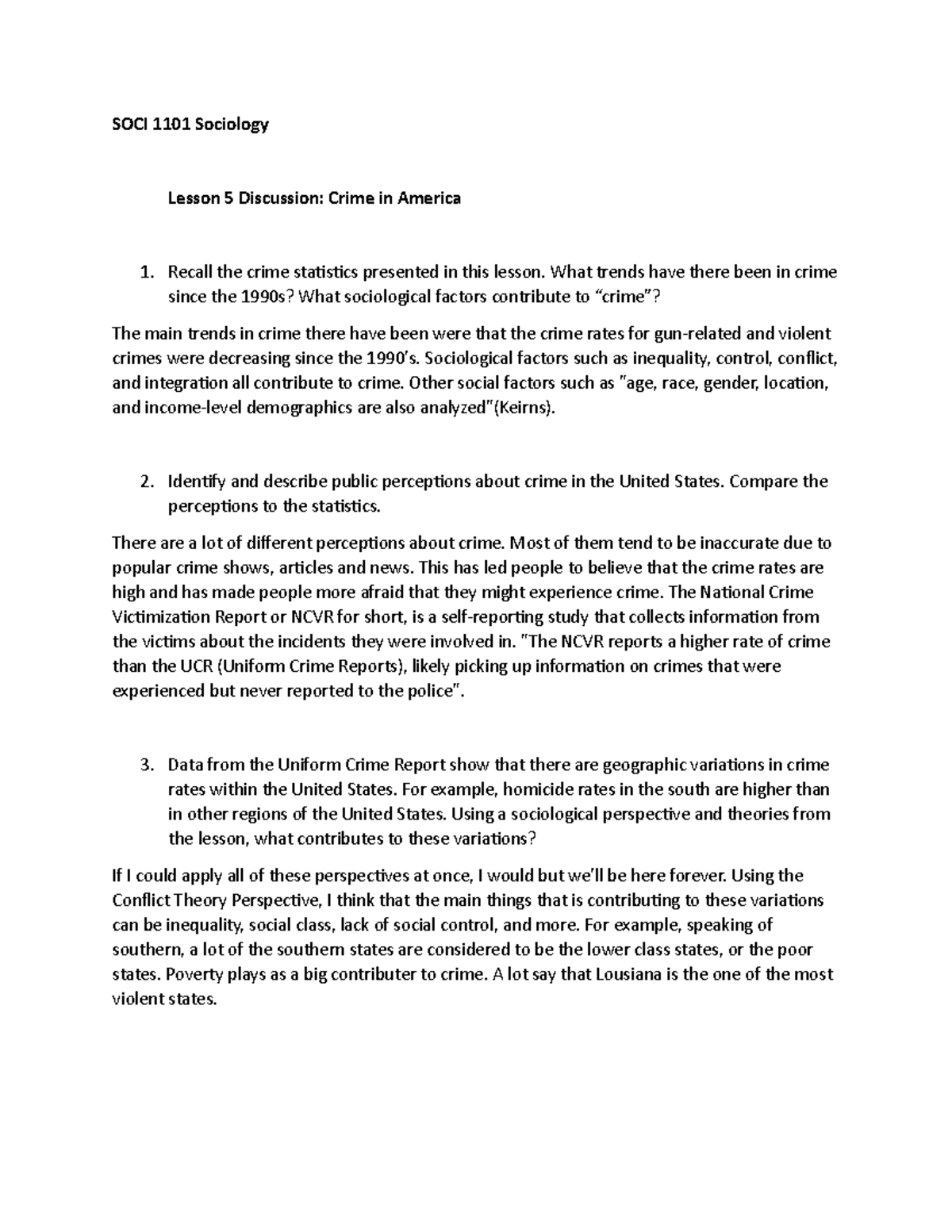 SOCI 1101 Sociology Lesson 5 Discussion Crime in America - SOCI 1101 ...