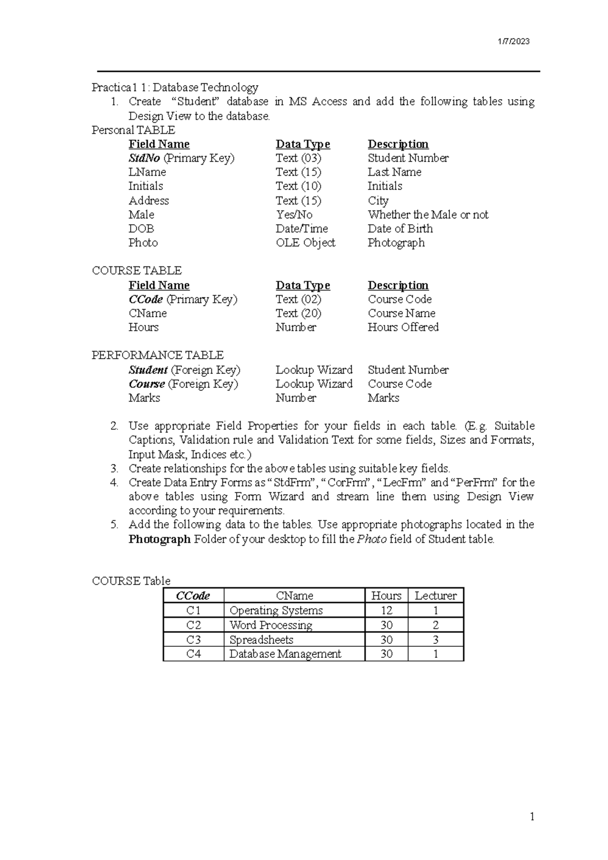 Access Practical 01 - 1/7/ Practica1 1: Database Technology 1. Create ...