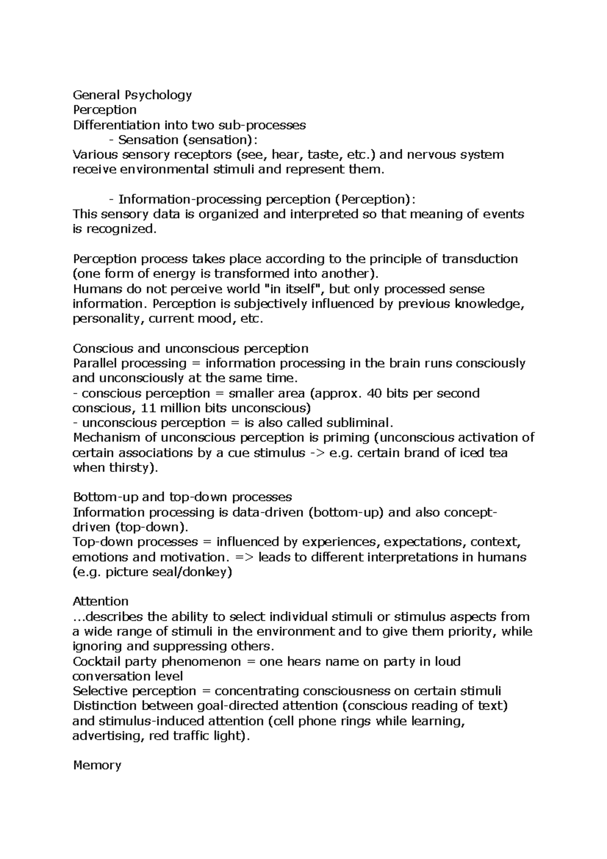General Psychology - Psycho Notes - General Psychology Perception ...