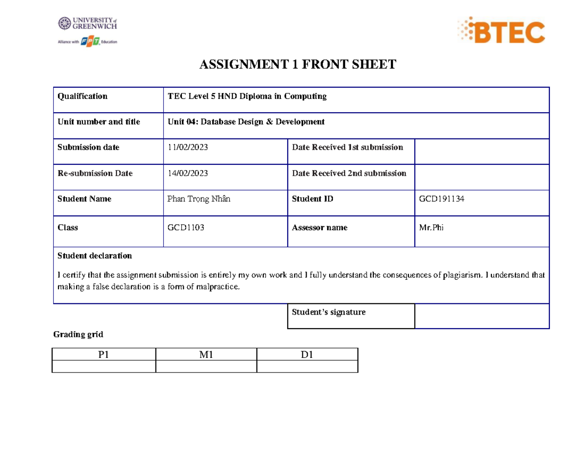 DB asm1 Re - Database asm1 - ASSIGNMENT 1 FRONT SHEET Qualification TEC Level 5 HND Diploma in ...